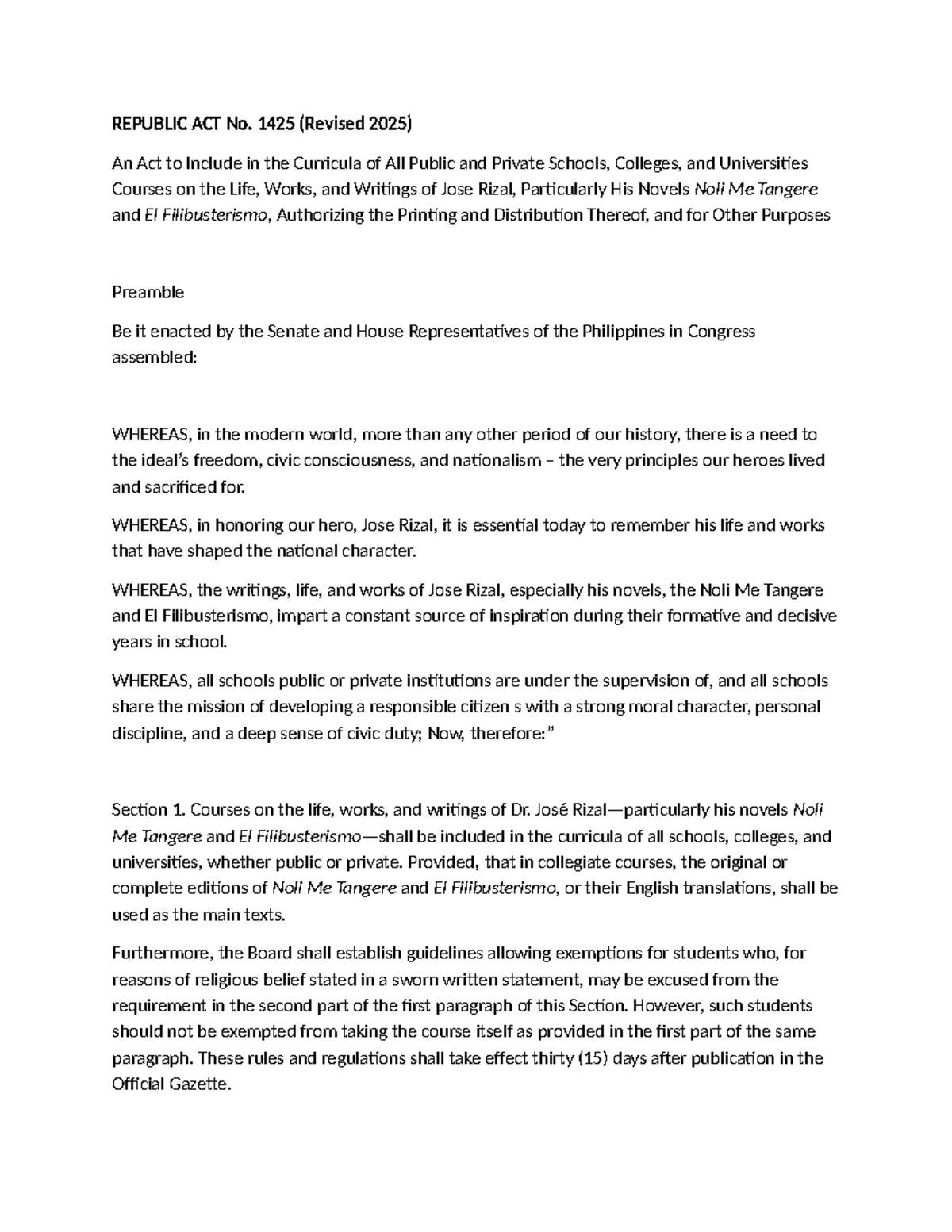 Republic Act No. 1425: Study Notes on Jose Rizal's Works - Studocu