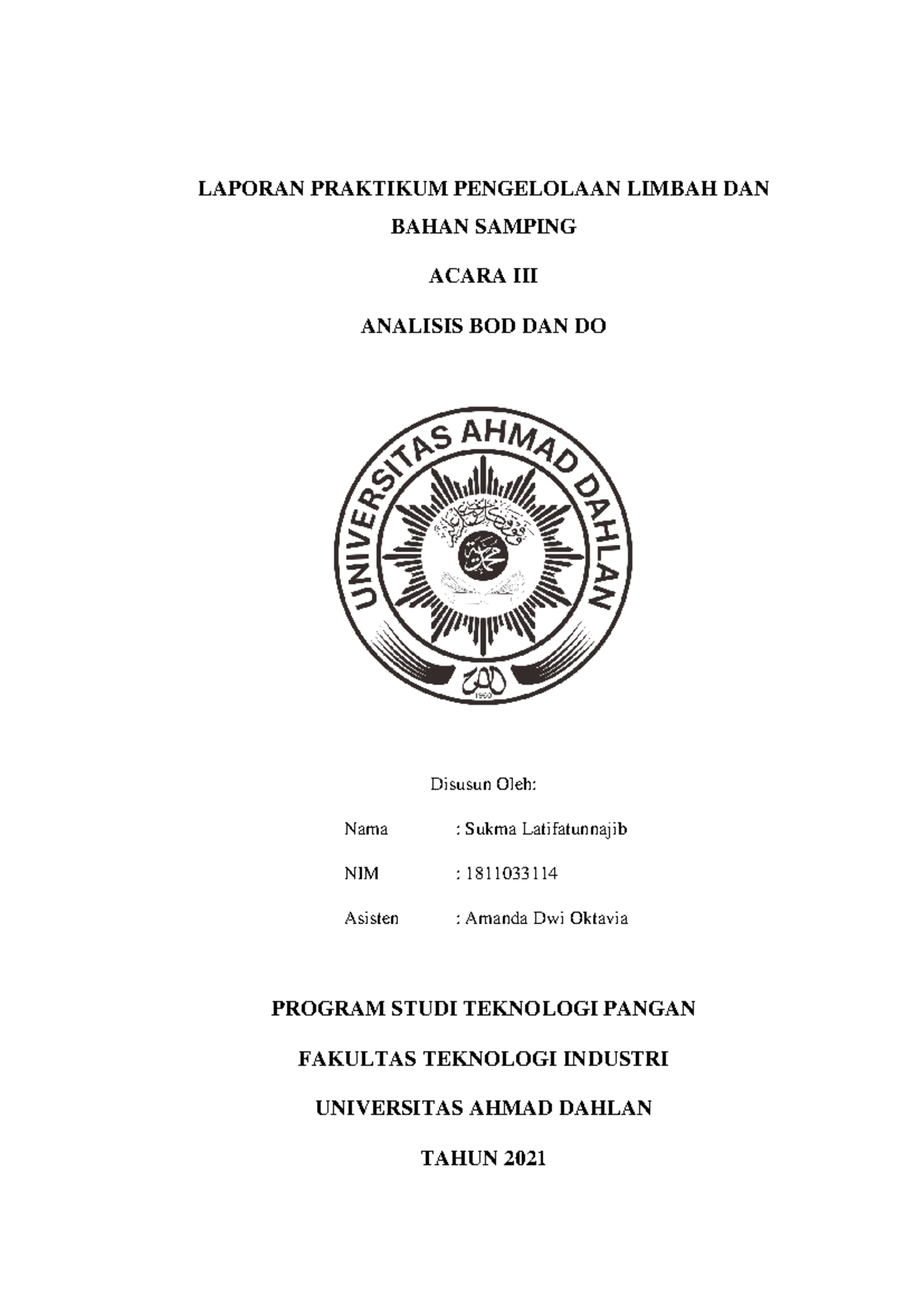 Analisis BOD dan DO Limbah Cair pada Praktikum TP 1811033114 - Studocu