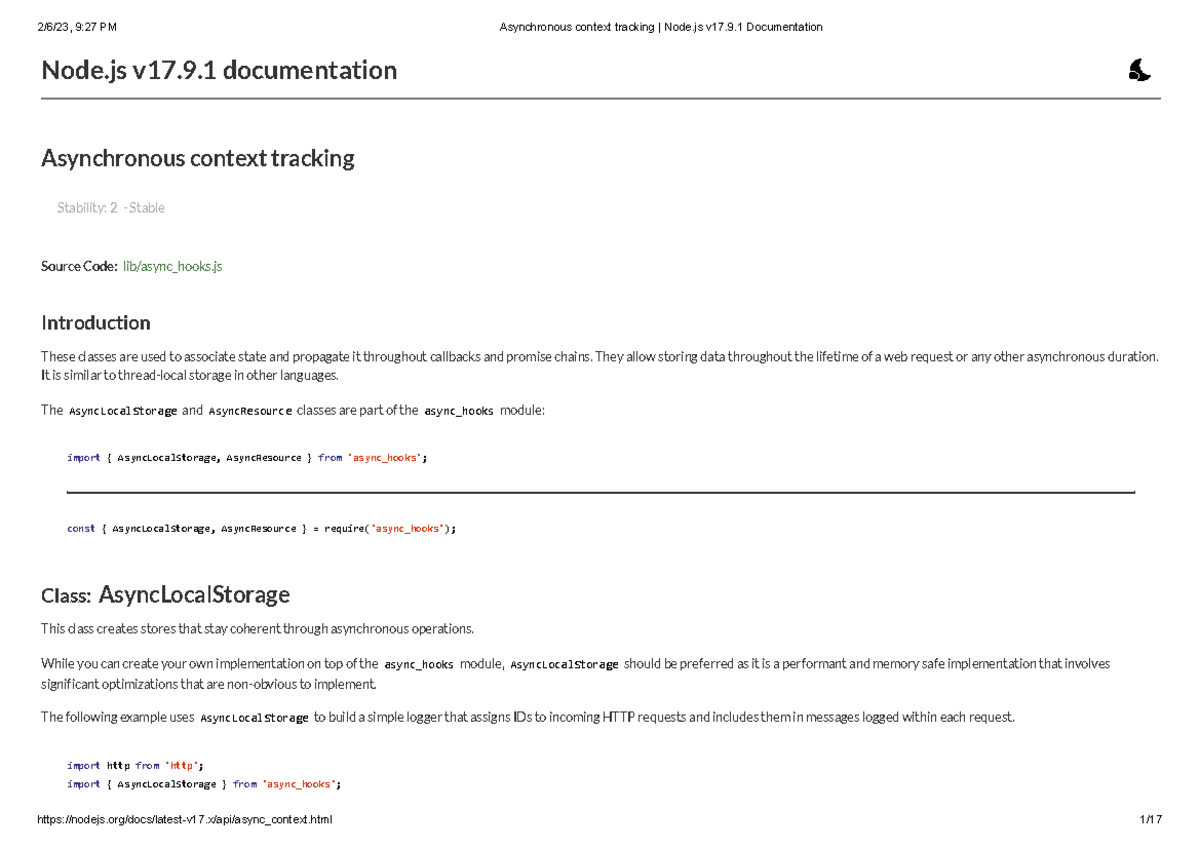 Asynchronous context tracking Node.js v17.9.1 Documentation - Stability: 2 - Stable Source Code ...