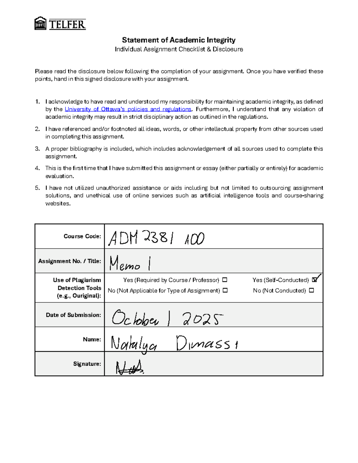ABM 2381 Academic Integrity Assignment Checklist - Fall 2025 - Studocu