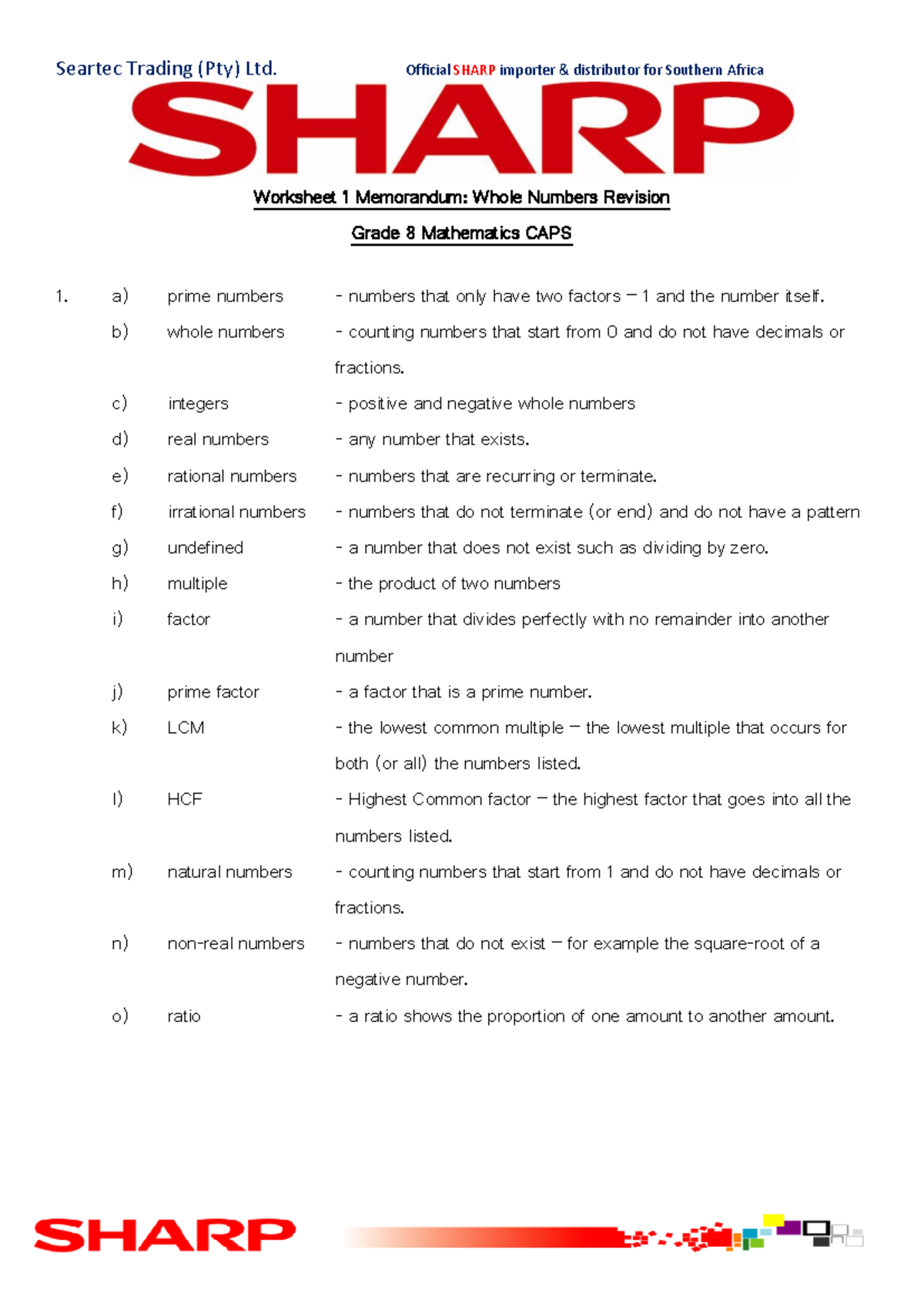 Grade 8 Mathematics CAPS: Worksheet 1 Memorandum on Whole Numbers - Studocu