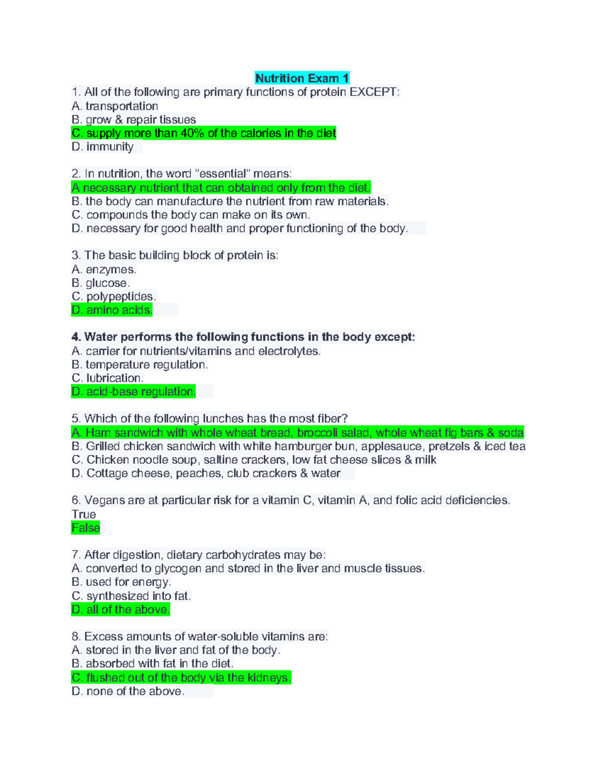 Nutrition Exam 1 - Exam practice questions - Nutrition Exam 1 All of ...