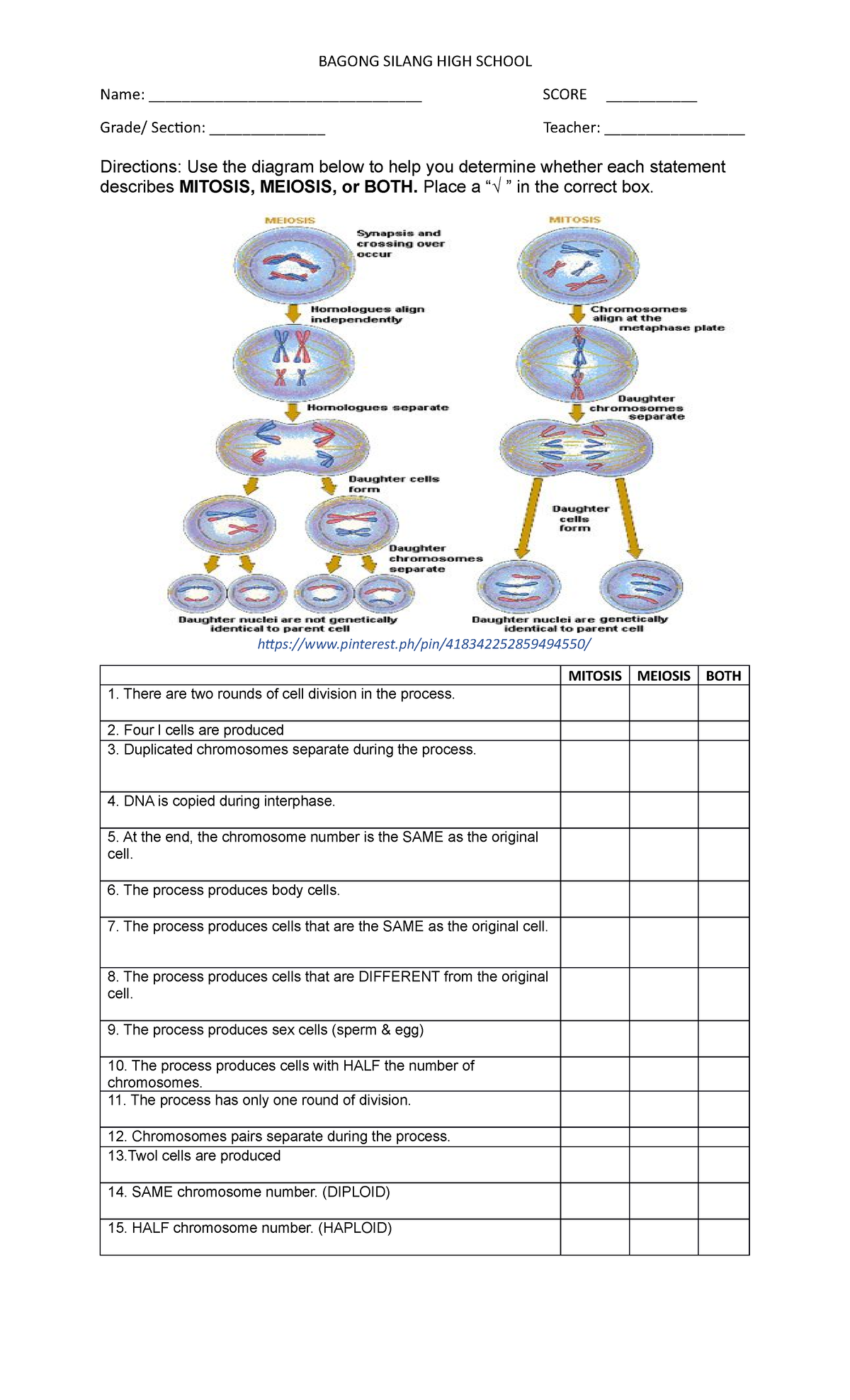 Comparing Mitosis and Meiosis: Worksheet for Biology 101 - Studocu