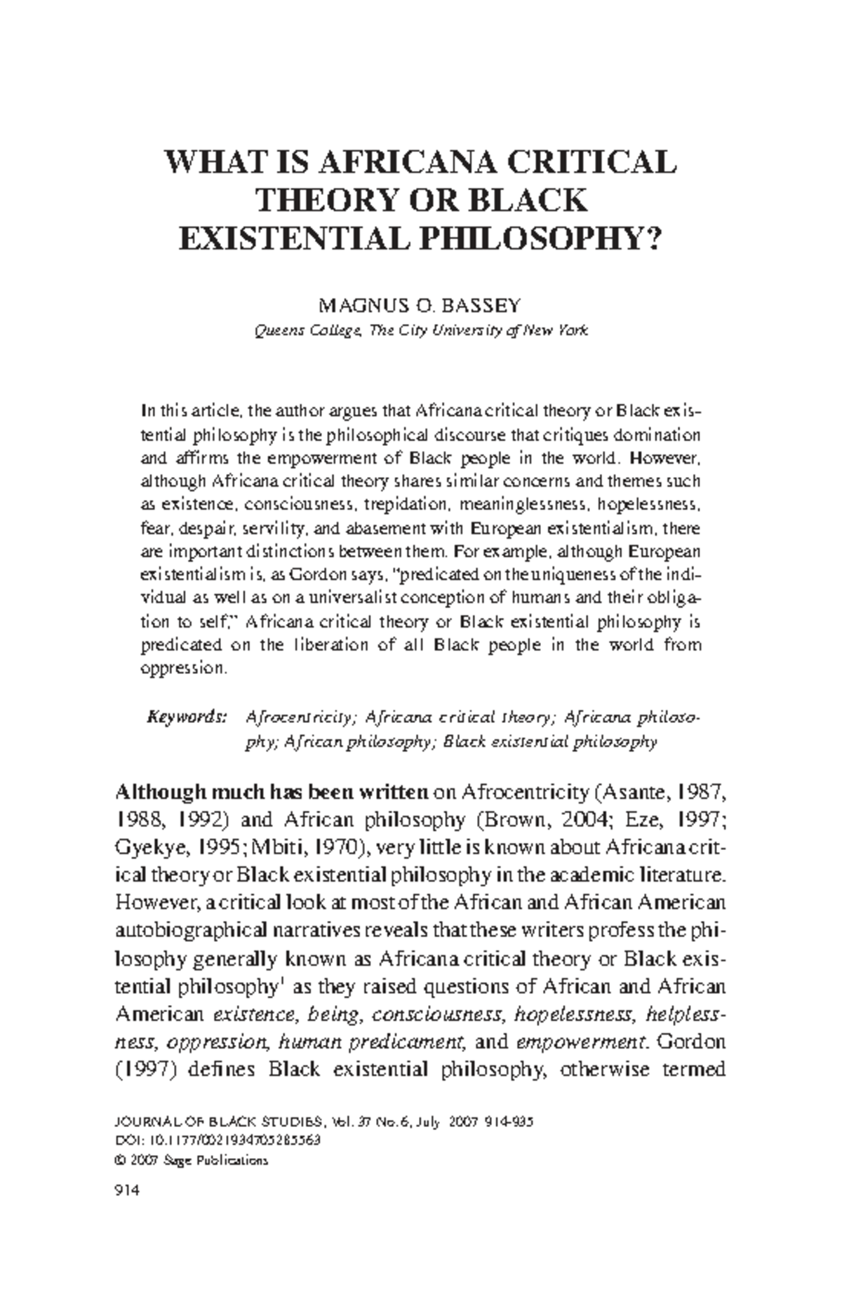 Bassey 2007: Understanding Africana Critical Theory & Black Existential ...