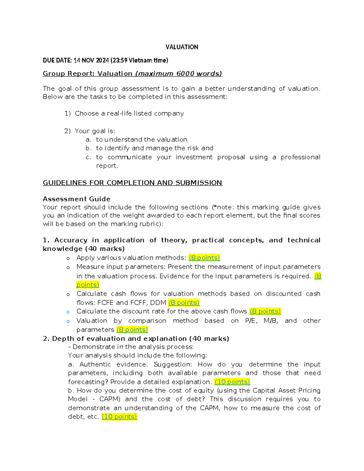 Valuation - Assessment - English - VALUATION DUE DATE: 14 NOV 2024 (23: ...