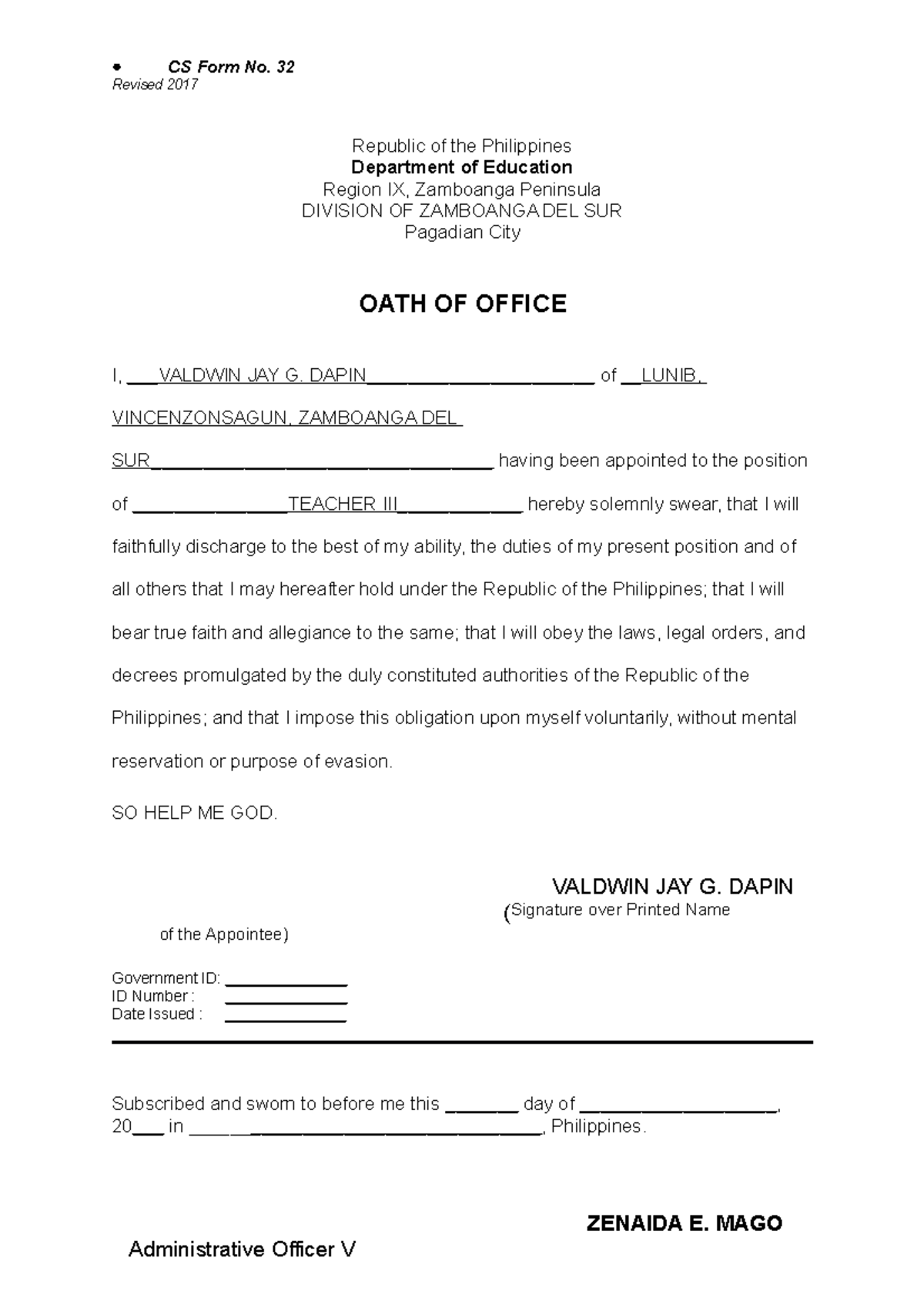 CS Form No. 32 - Oath of Office (Revised 2017) for Teacher III - Studocu