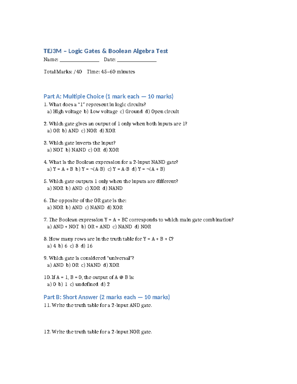 TEJ3M Logic Gates Test: Boolean Algebra & Circuit Analysis - Studocu