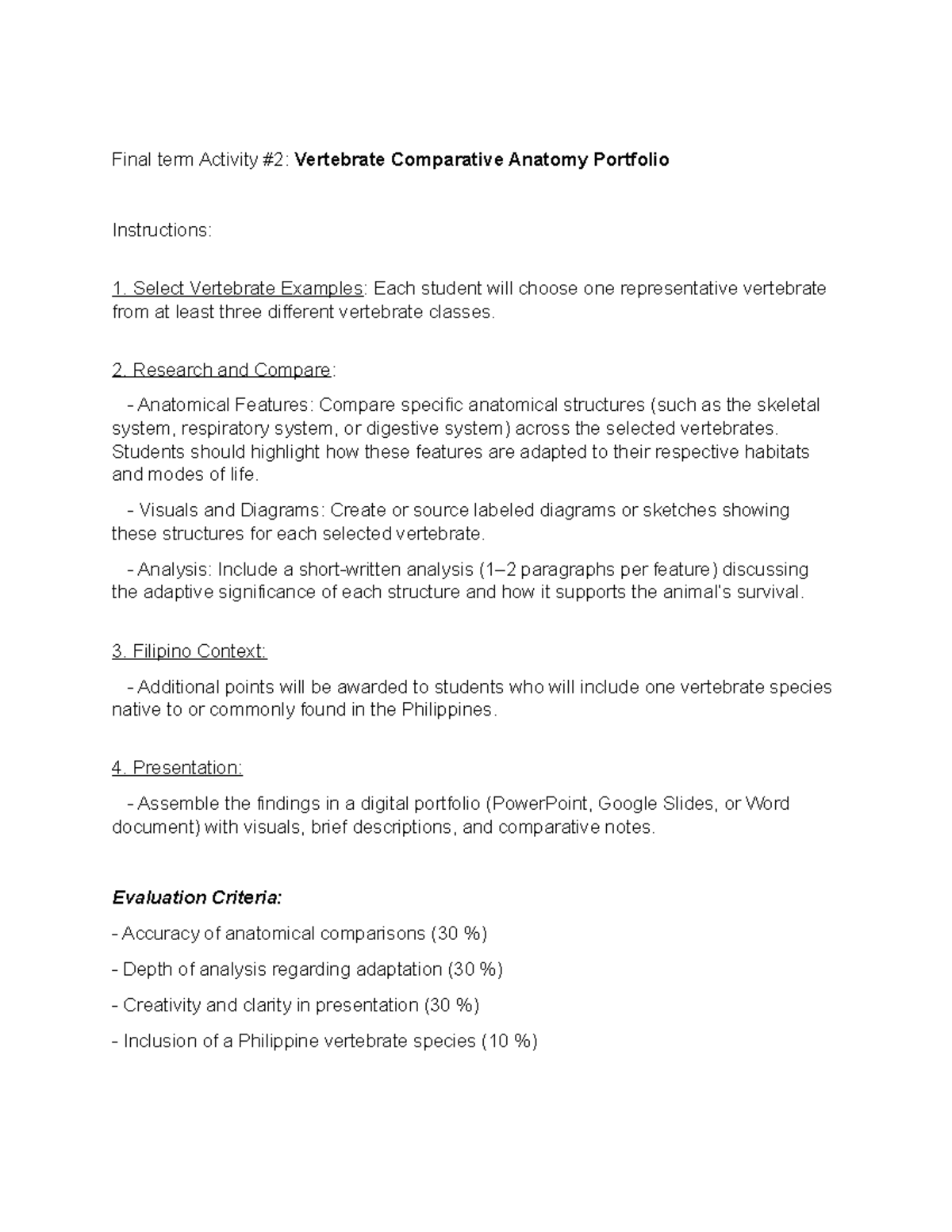 Final term Activity 2 -Compa - Final term Activity #2: Vertebrate ...