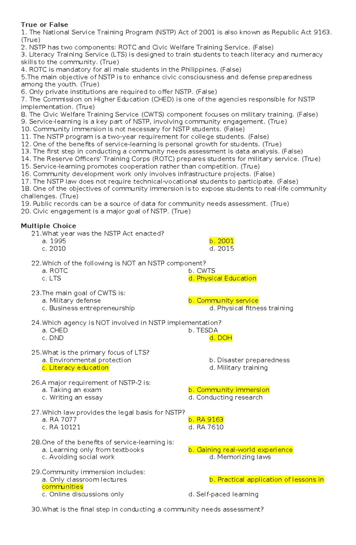 NSTP 9163 Review Quiz: True/False & Multiple Choice Questions - Studocu