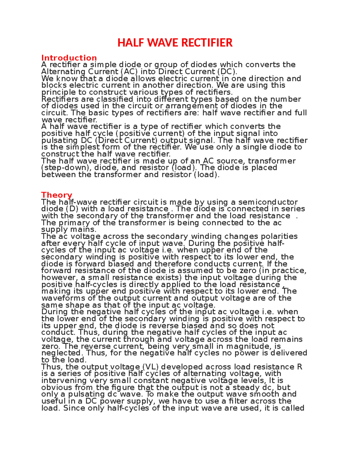 Half Wave Rectifier and Full Wave Rectifier Overview - PHYS 101 - Studocu
