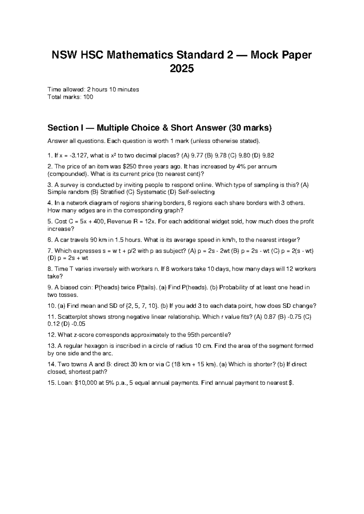 NSW HSC Mathematics Standard 2 Mock Exam Paper 2025 - Studocu