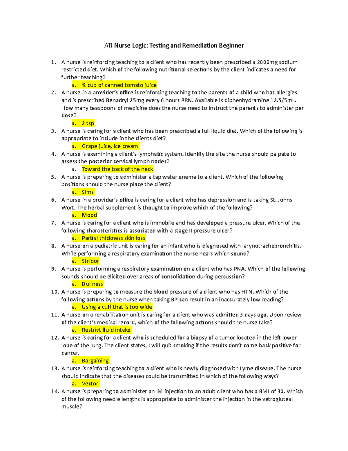 ATI Nurse Logic Remediation: Beginner Level Study Guide - Studocu