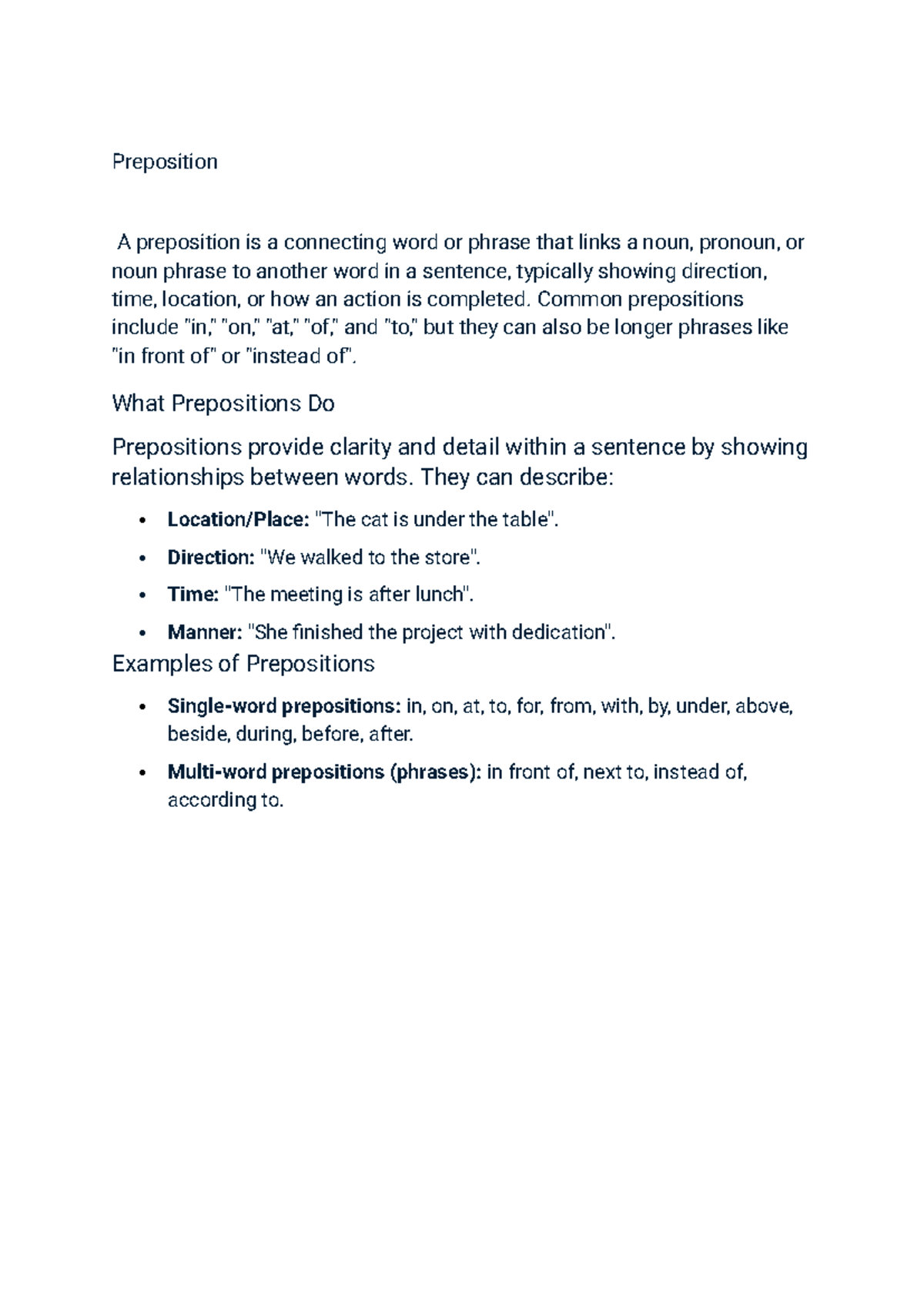 A1 Prepositions: Understanding Parts of Speech and Their Usage - Studocu