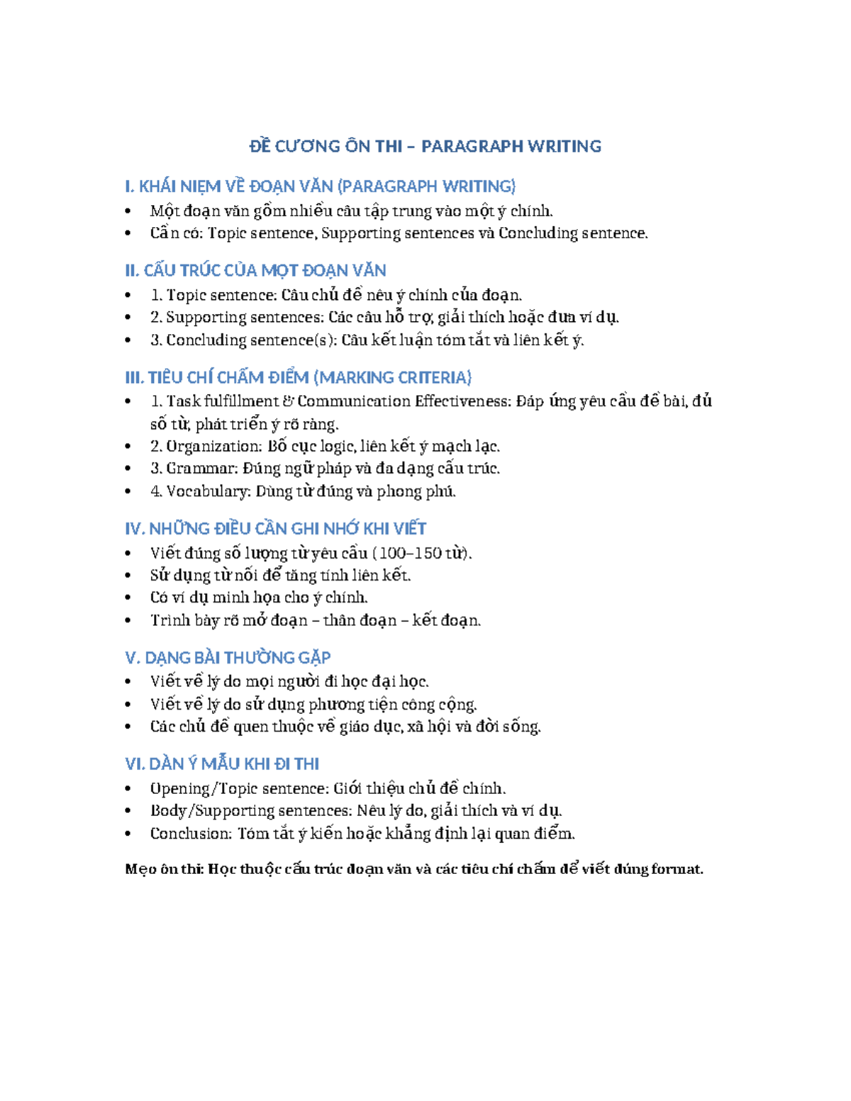 ĐỀ CƯƠNG ÔN THI PARAGRAPH WRITING I: CẤU TRÚC VÀ TIÊU CHÍ CHẤM ĐIỂM ...