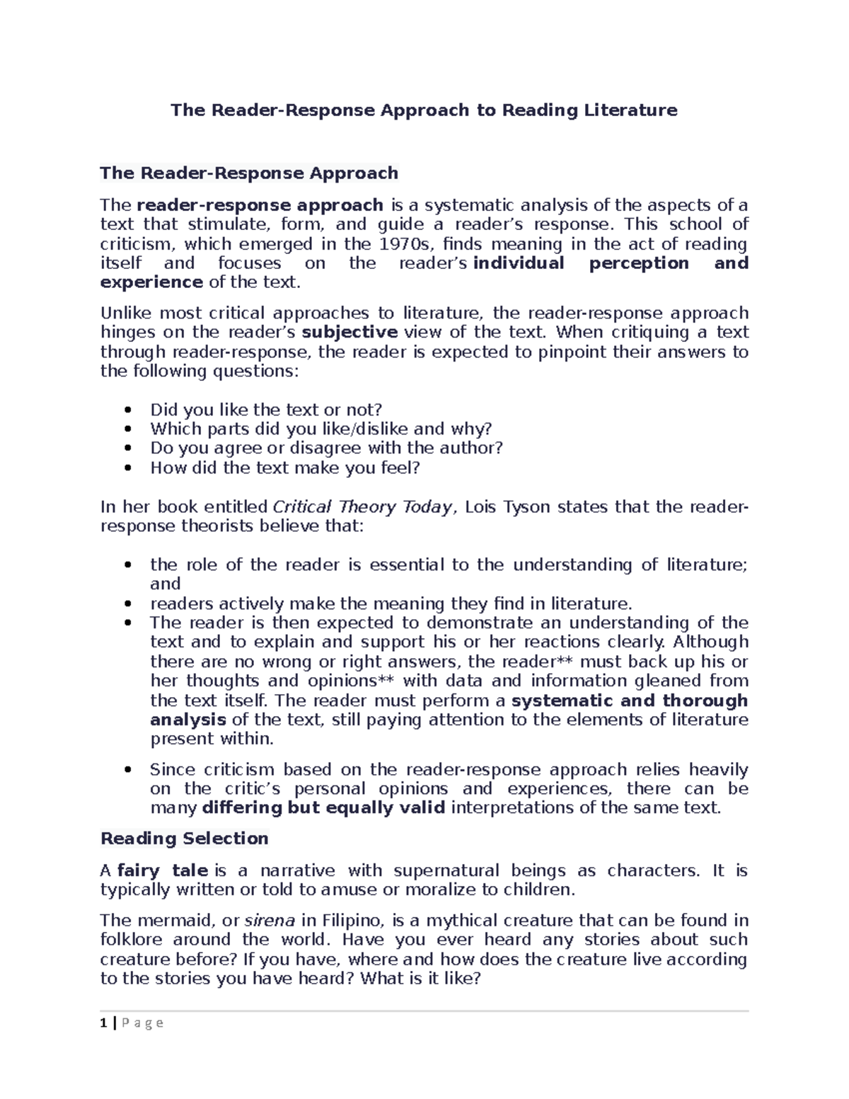 The Reader-Response Approach to Reading Literature - This school of criticism, which emerged in ...