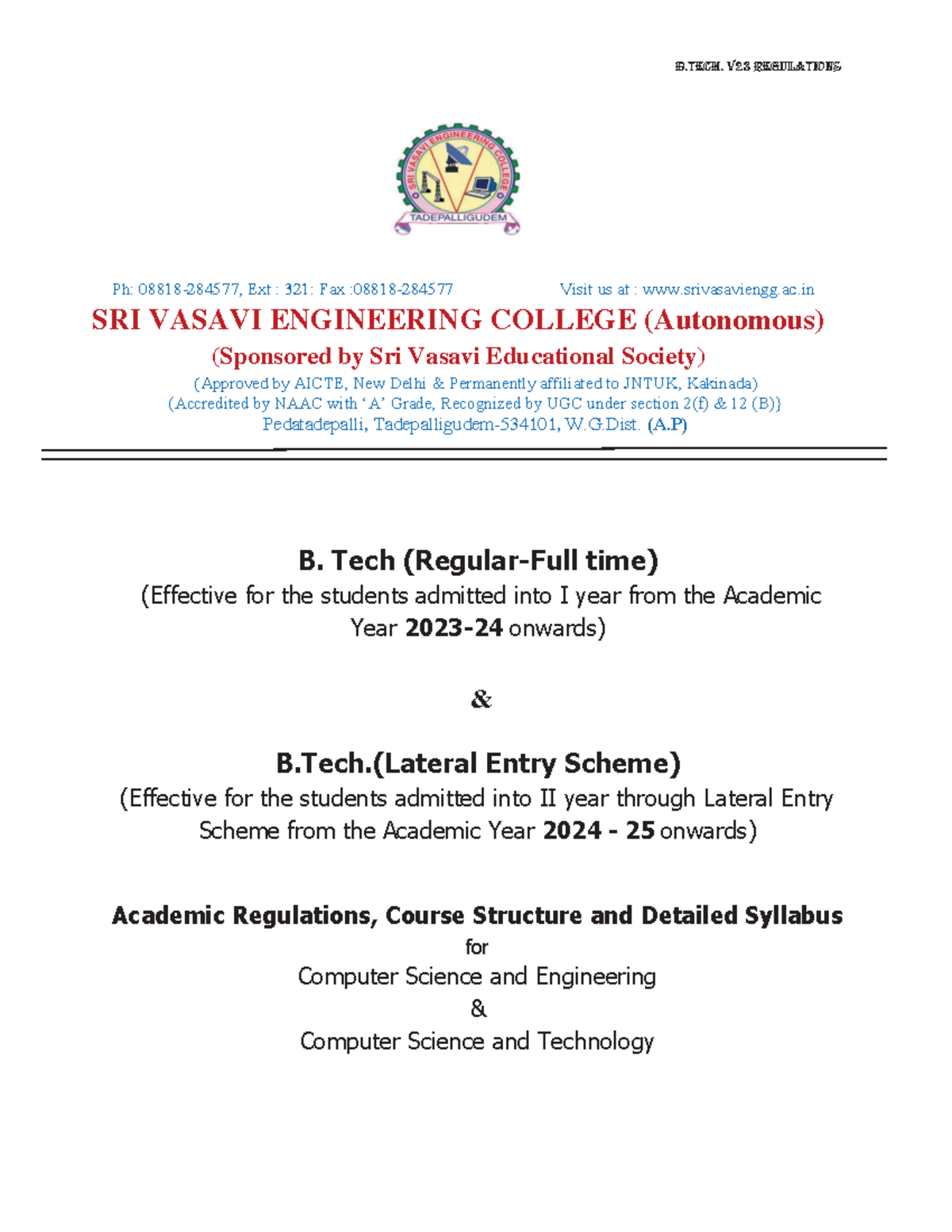 B.Tech. R23 Regulations: CSE & CST Syllabus Overview - Studocu