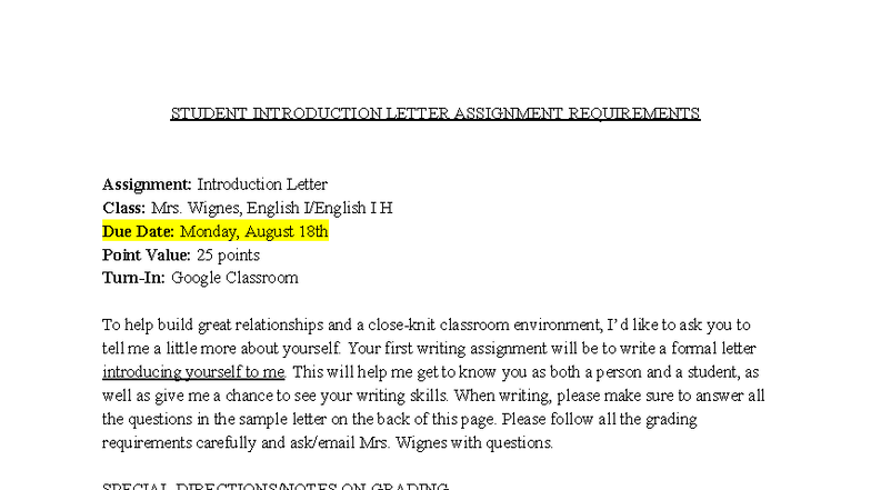 ENG I H: Introduction Letter Assignment Guidelines - Studocu