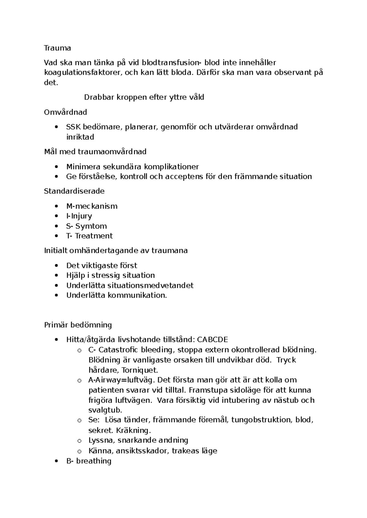 Trauma - Akut ABDE-bedömning och omvårdnad vid blödning - Studocu
