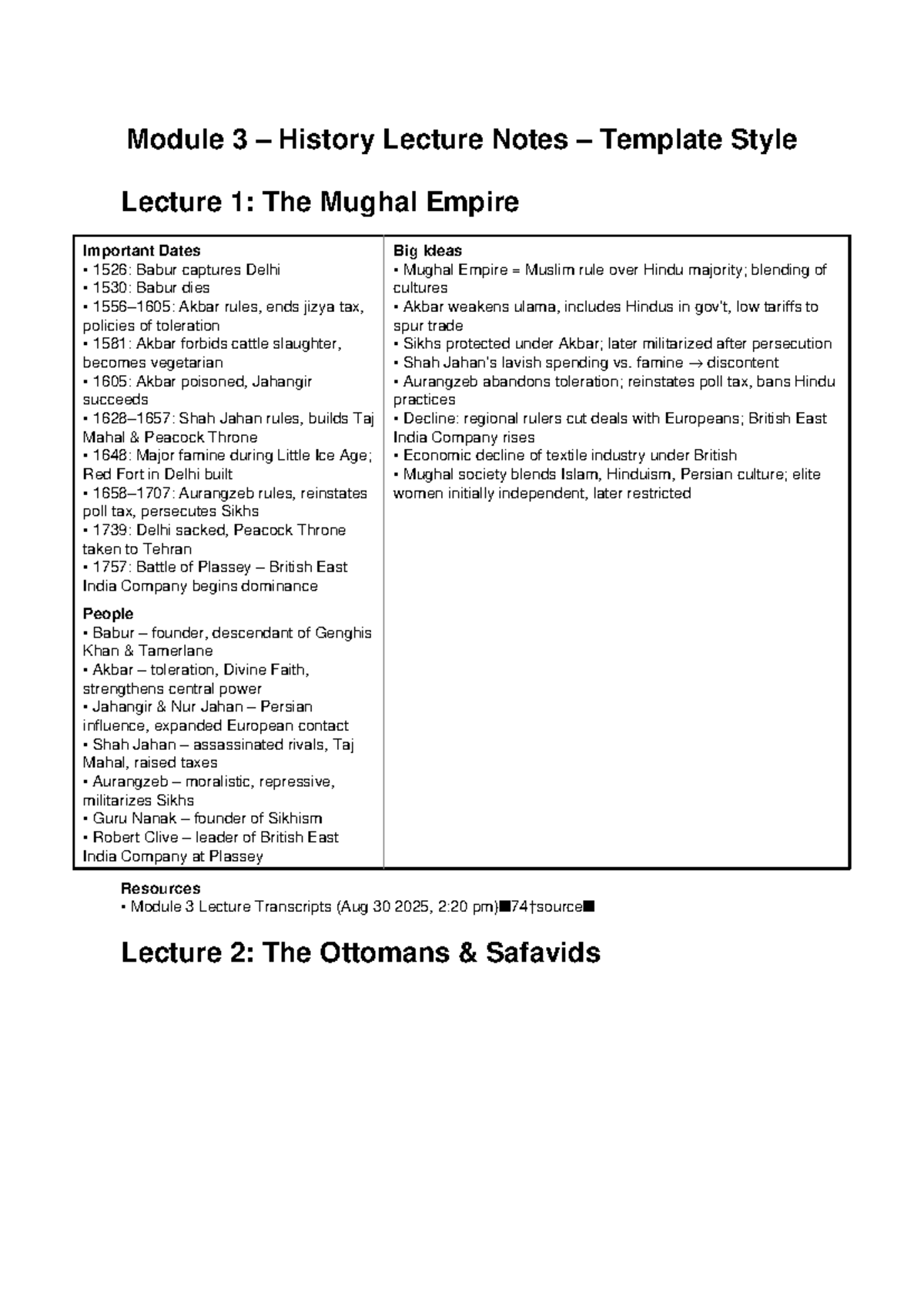 Module 3 Lecture Notes: The Mughal Empire & The Ottomans/Safavids - Studocu