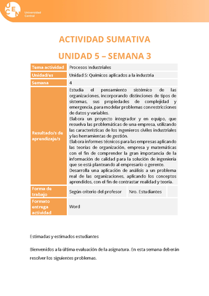 Actividad semana 1 - ACTIVIDAD SUMATIVA Tema actividad Procesos industriales Unidad/es Unidad 1 ...