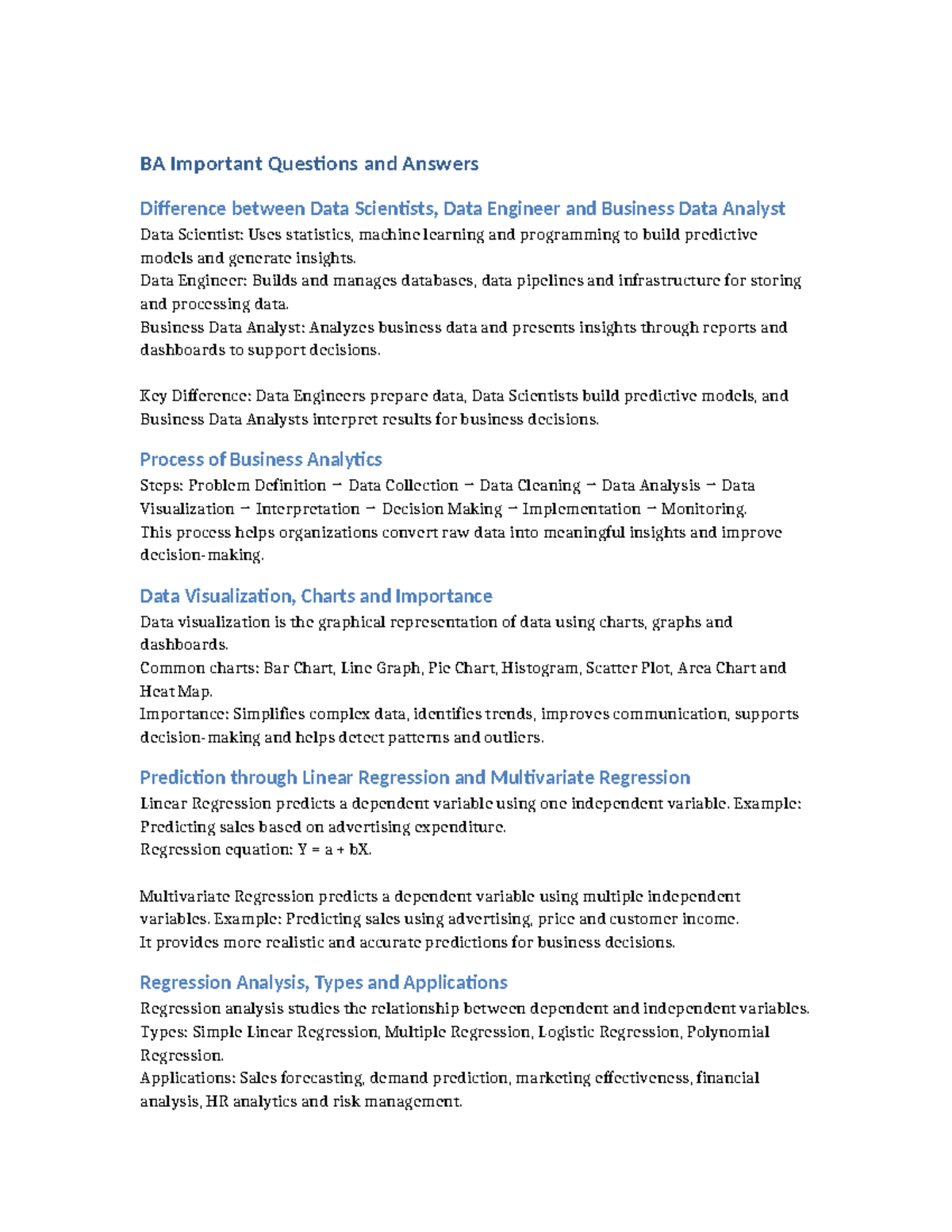 BA Important Questions: Data Roles, Analytics Process & Regression ...
