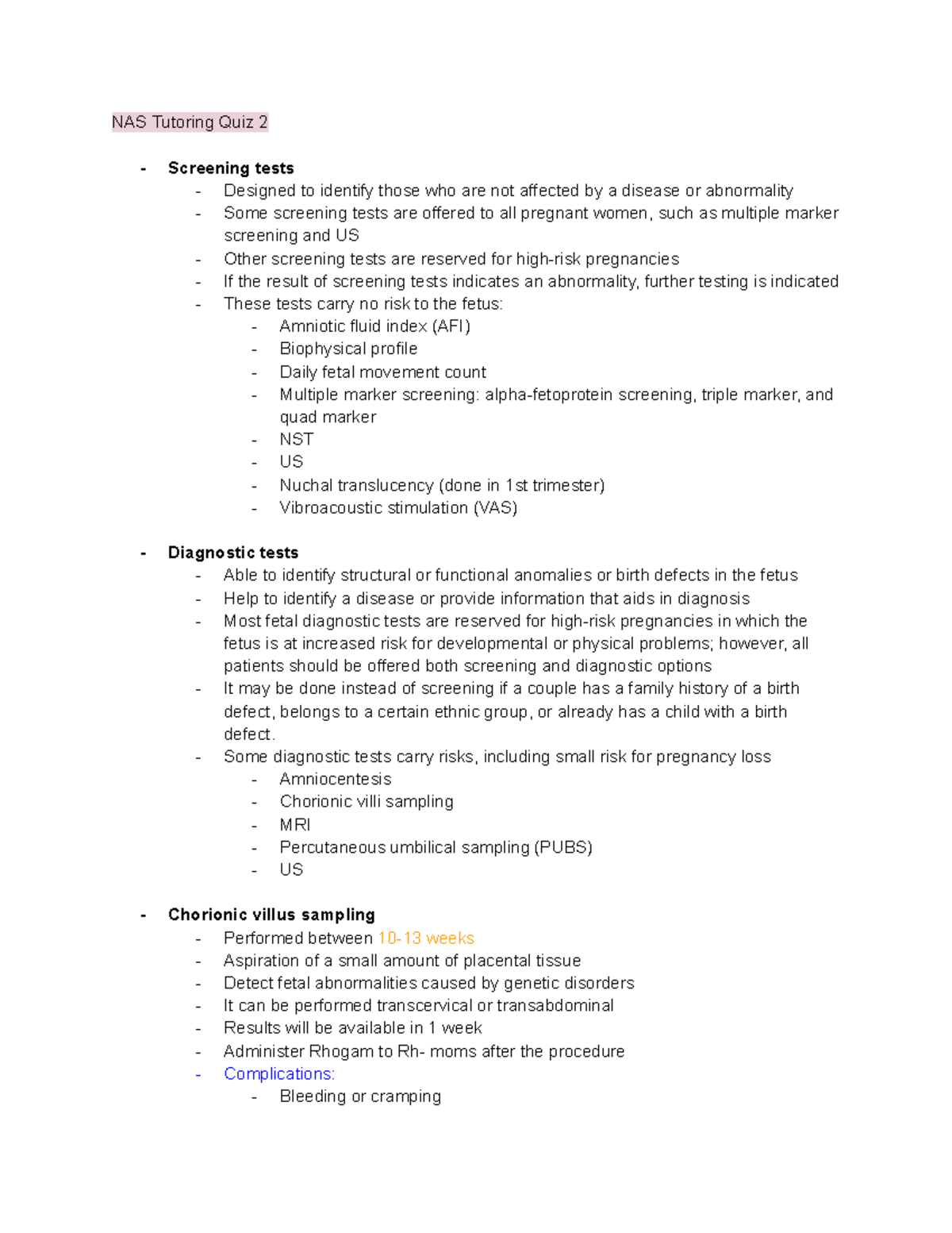 306 NAS Tutoring Quiz 2: Fetal Screening and Diagnostic Tests Overview ...