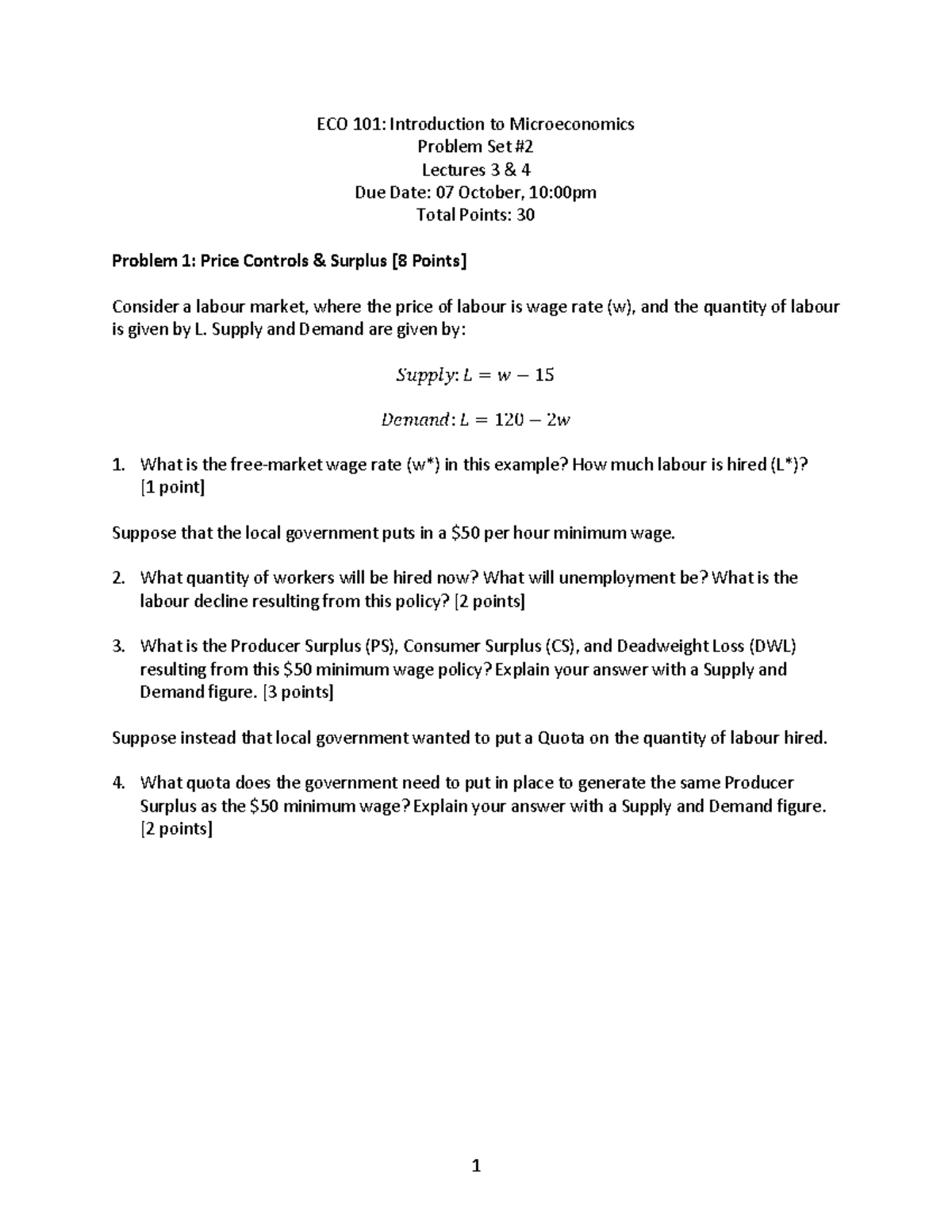 ECO101 Problem Set 2 - ECO 101: Introduction to Microeconomics Problem ...