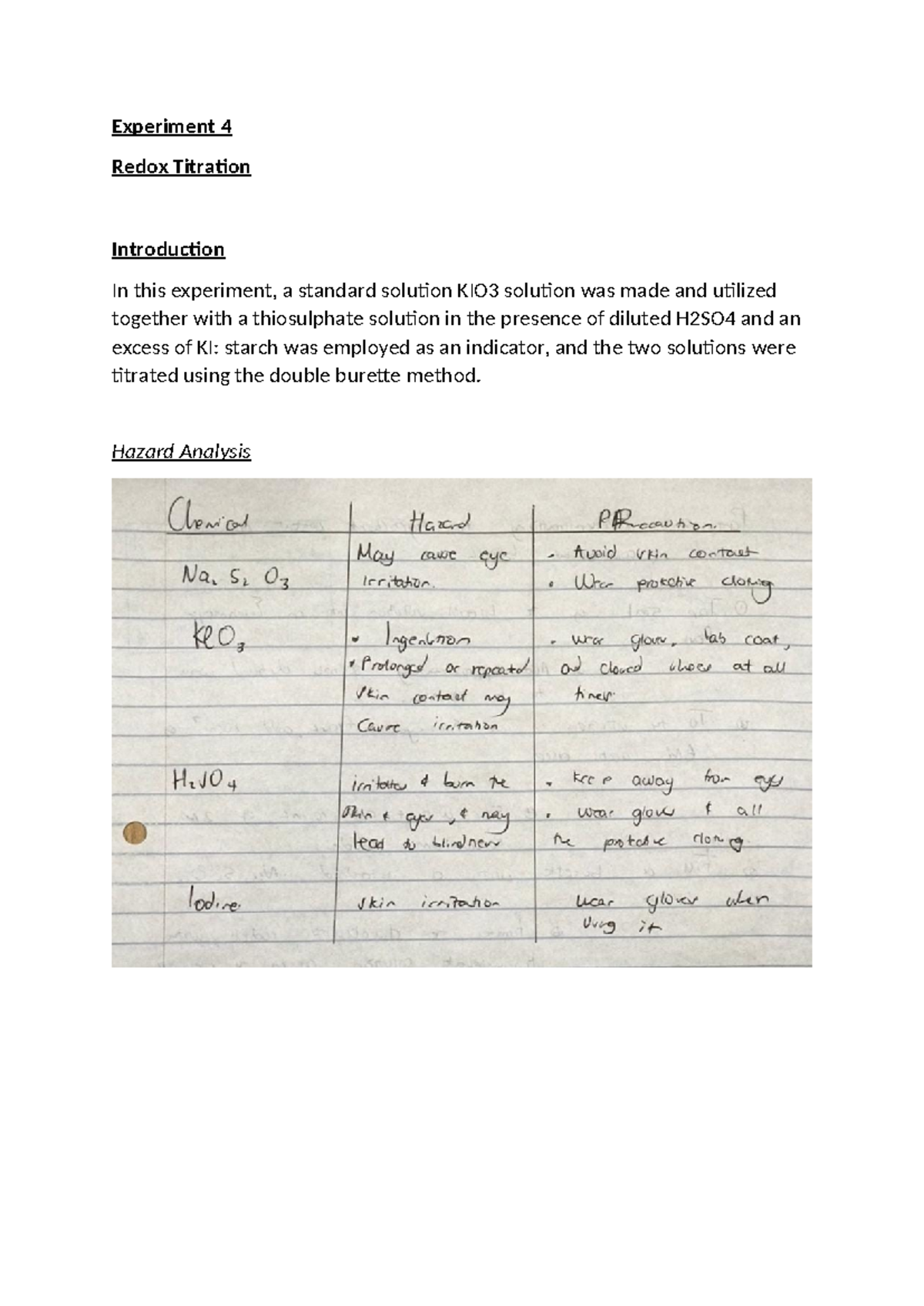 Experiment 4 - Redox Titration Practical Report - Studocu