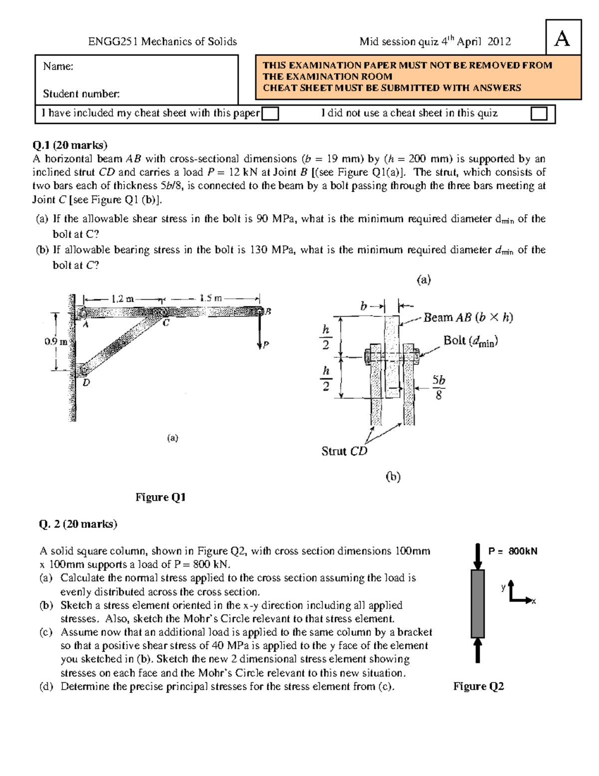 Sample/practice exam 2012, questions - ENGG251 Mechanics of Solids Mid ...