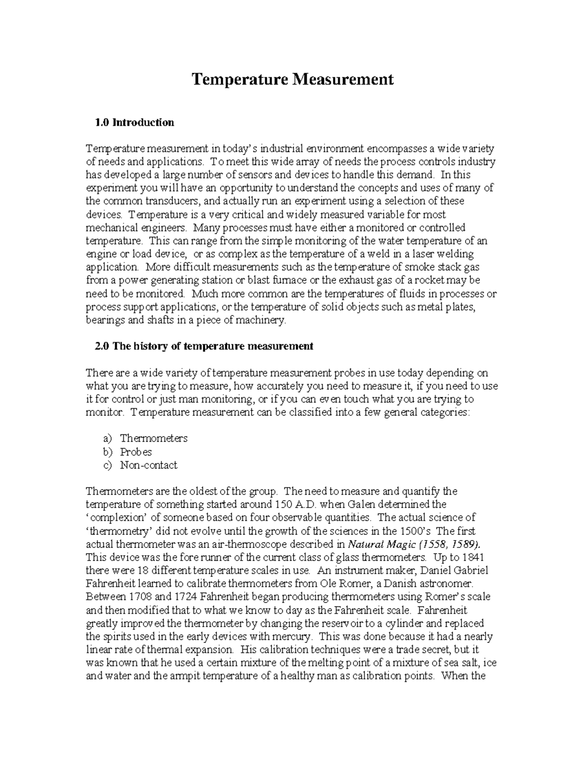 Temperature - lab report - Temperature Measurement 1 Introduction ...
