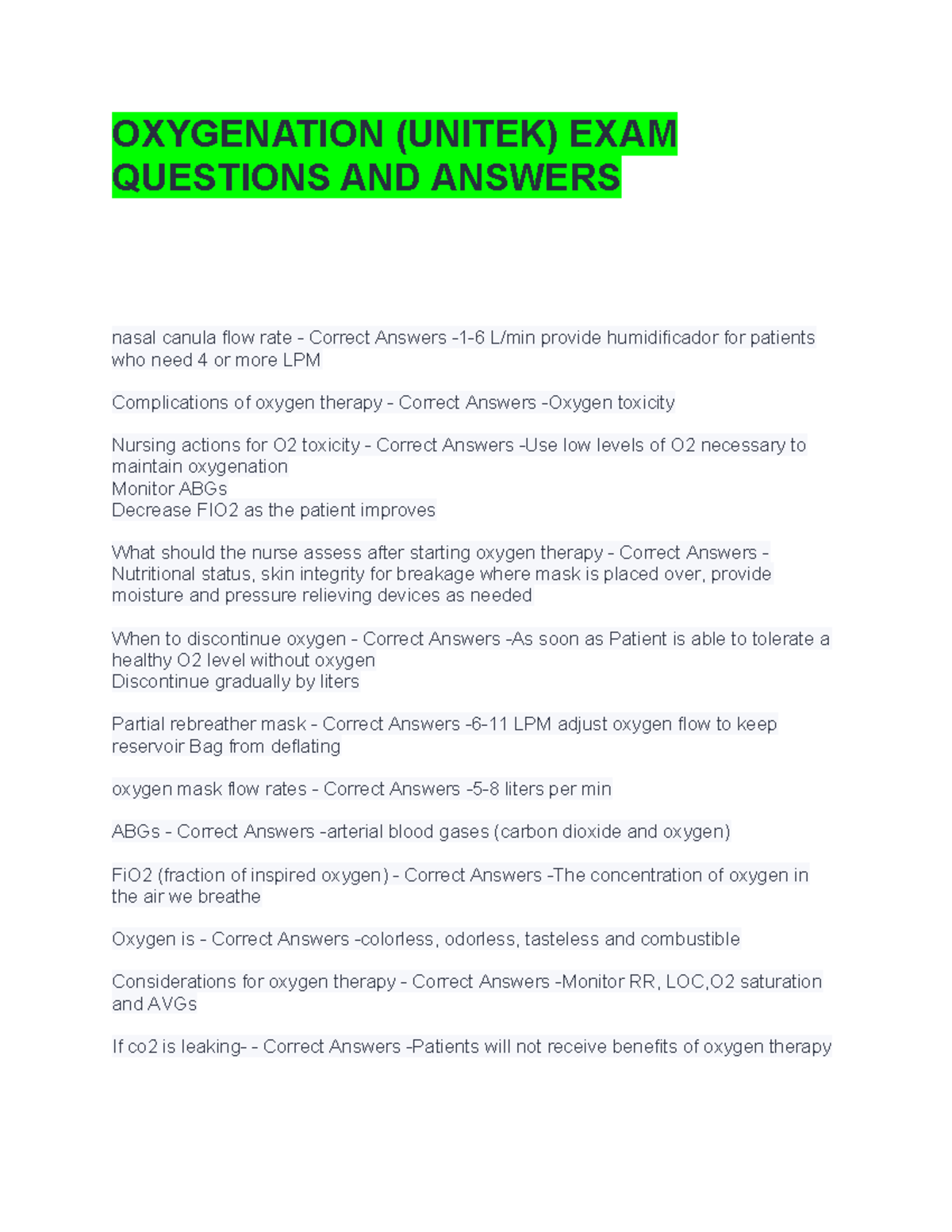 Oxygenation (UNITEK) Exam Q&A: Key Concepts & Nursing Actions - Studocu