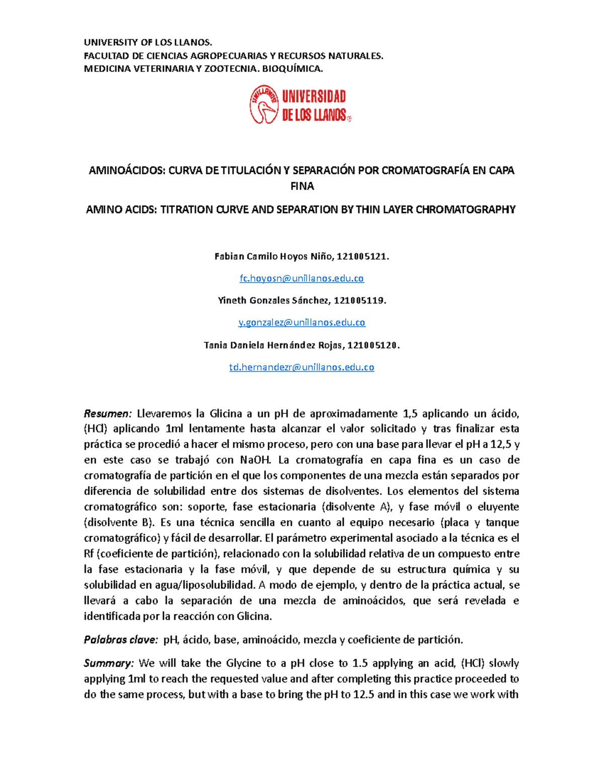 Aminoácidos: Titración y Cromatografía en Capa Fina - Bioquímica. - Studocu