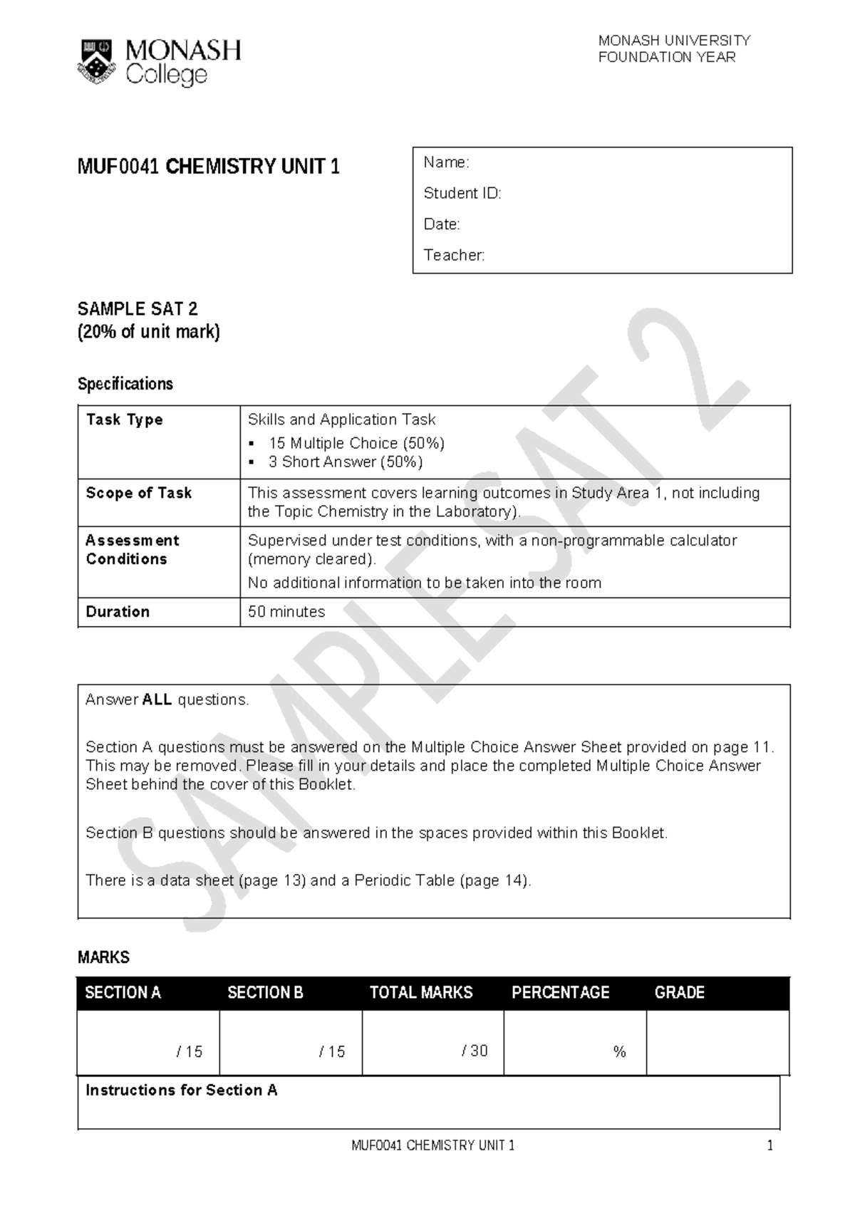 MUF0041 CHEMISTRY UNIT 1 Sample SAT 2 Assessment Guide - Studocu