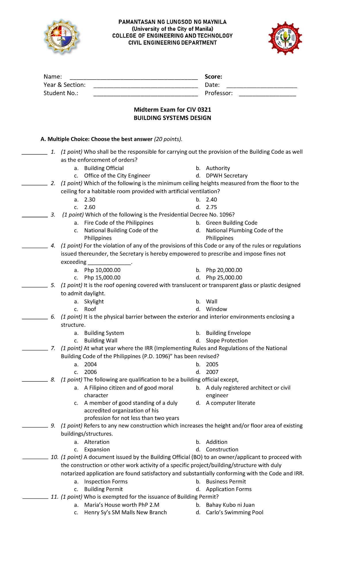 Midterm Exam for CIV 0321 - Building Systems Design Questions - Studocu