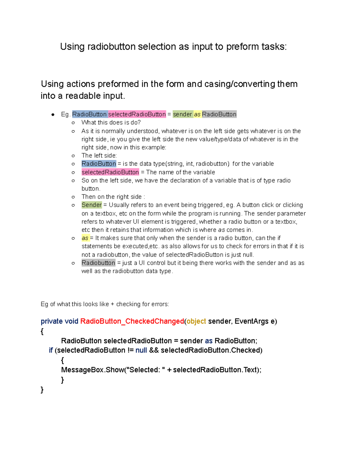 Using radiobutton selection as input to preform tasks - Eg. RadioButton ...