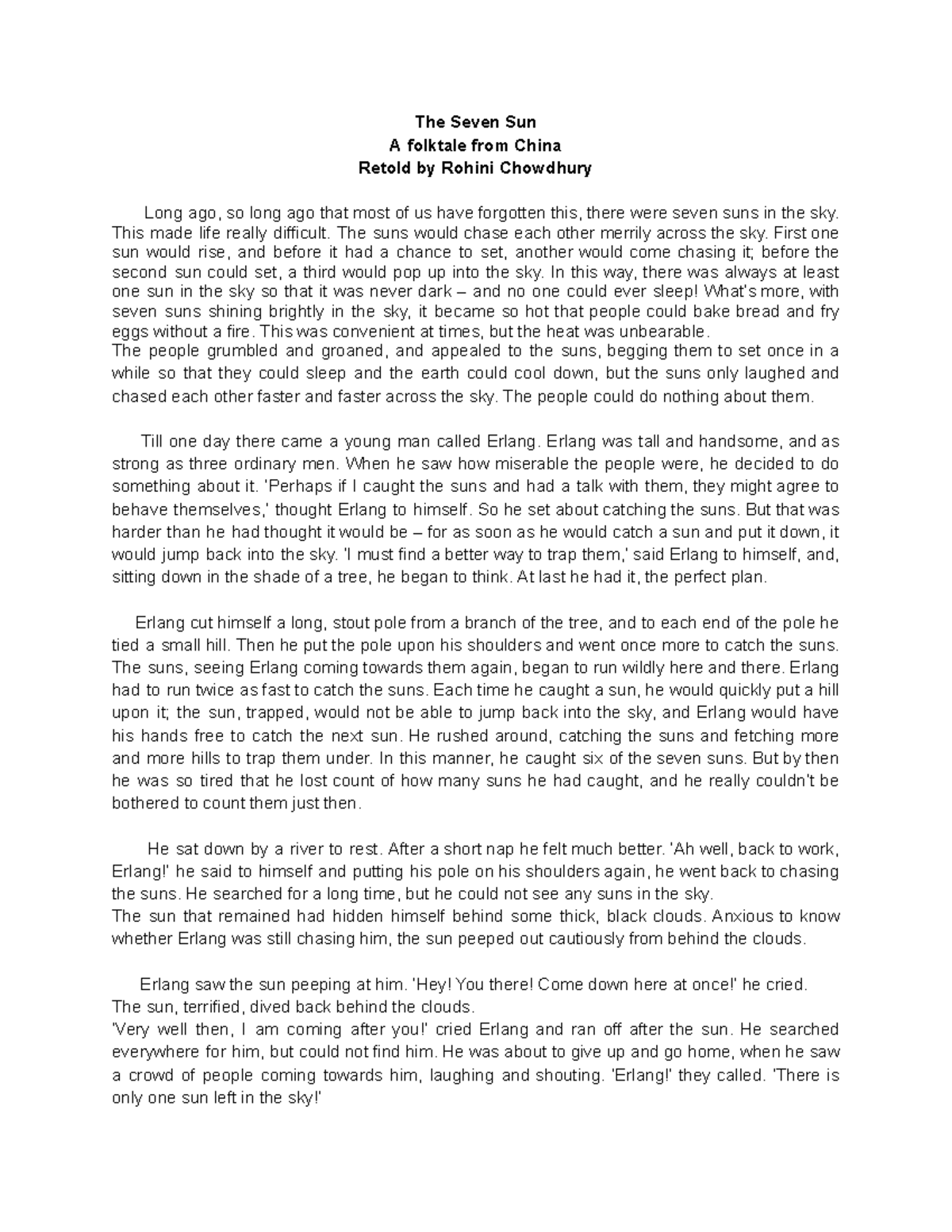 The Seven Suns: A Chinese Folktale Retold by Rohini Chowdhury - Studocu
