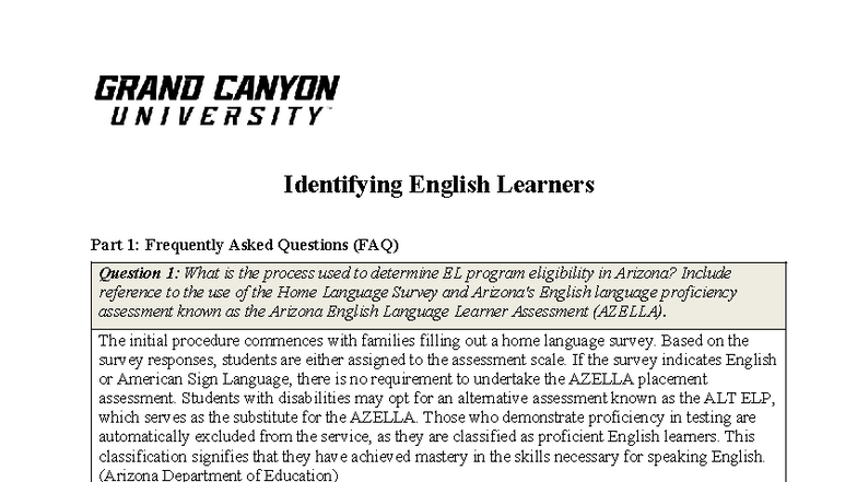 Identifying English Learners (ELs) in Arizona: FAQs and Processes - Studocu