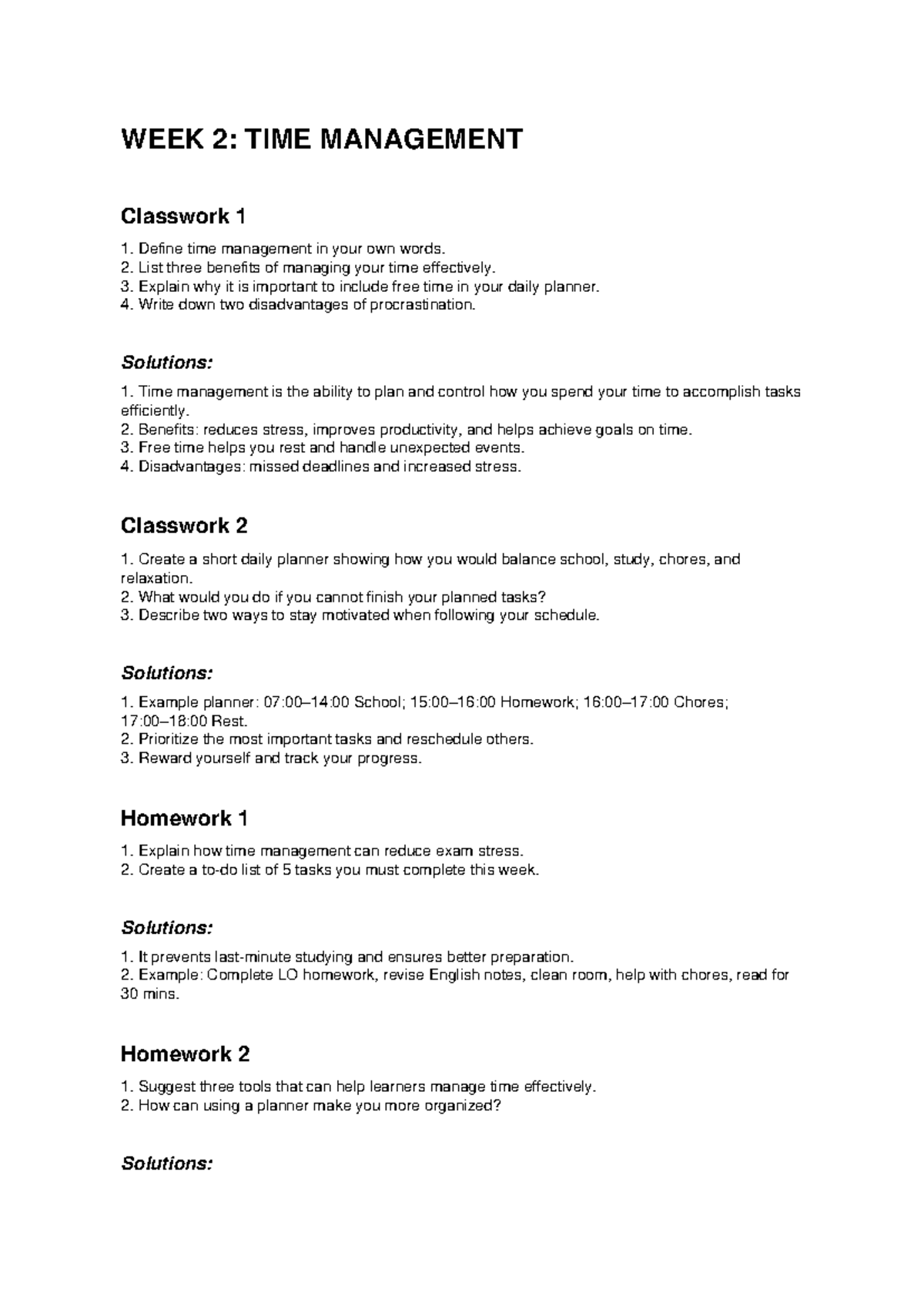 Grade 9 LO: Time Management Classwork & Homework (Weeks 1-3) - Studocu