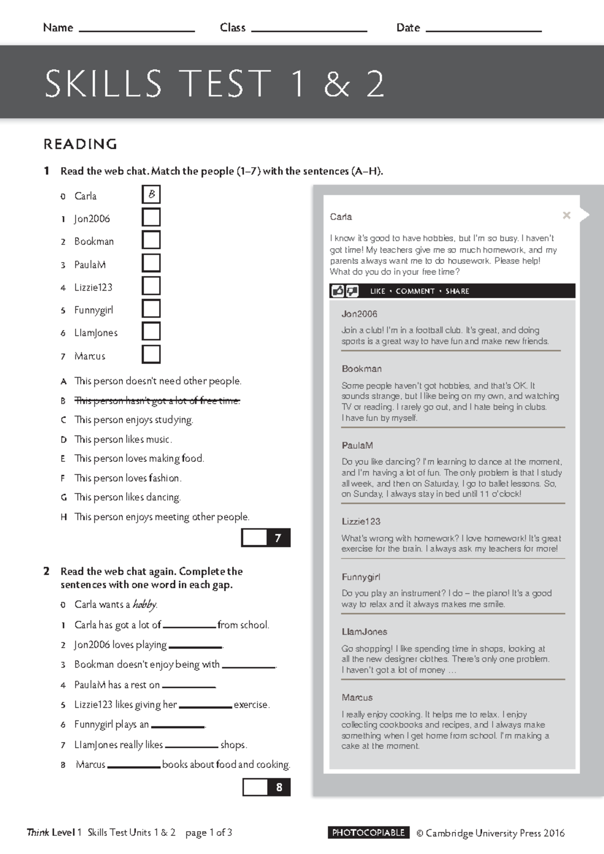Think Level 1 Skills Test: Reading and Listening Units 1-2 - Studocu