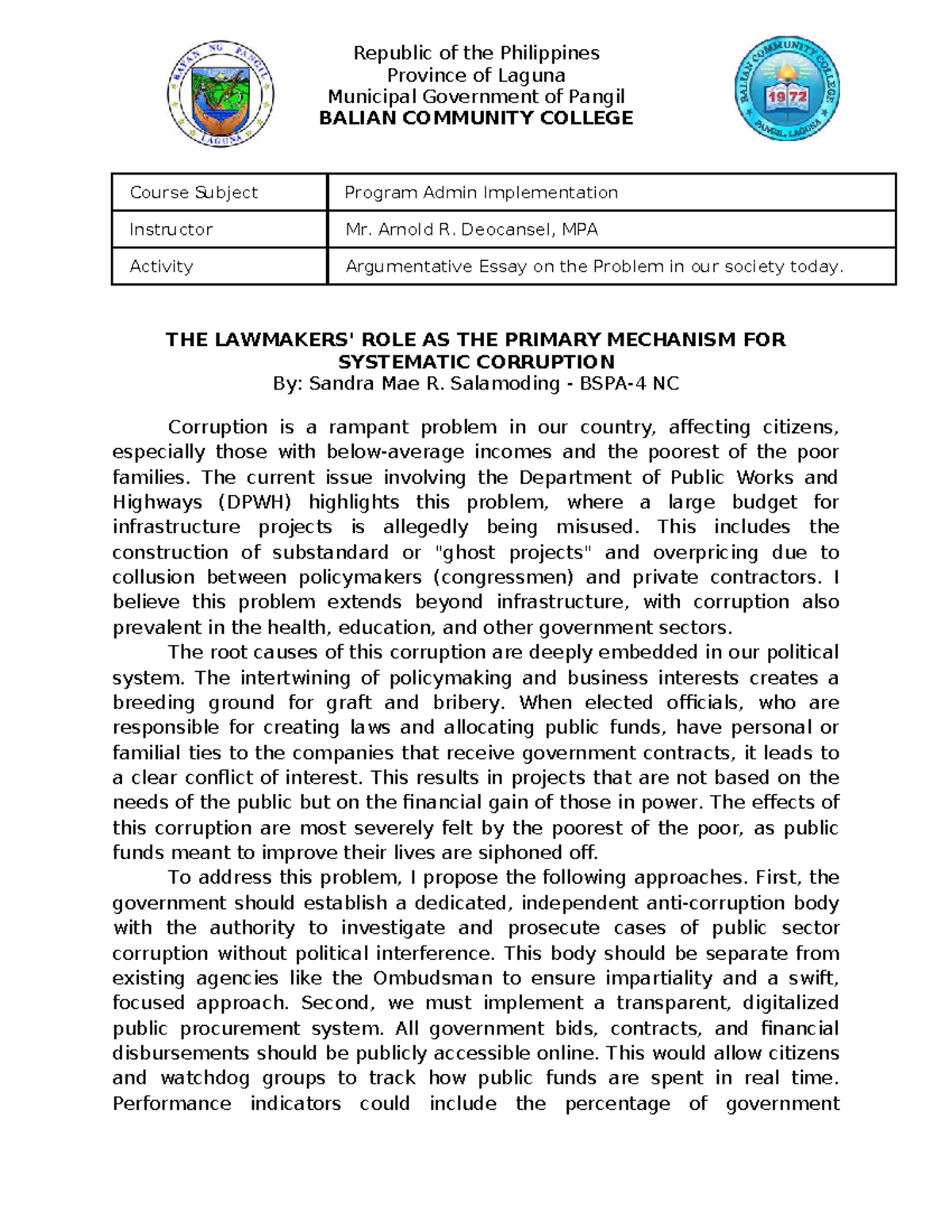 NC Argumentative Essay: Addressing Systematic Corruption in the ...