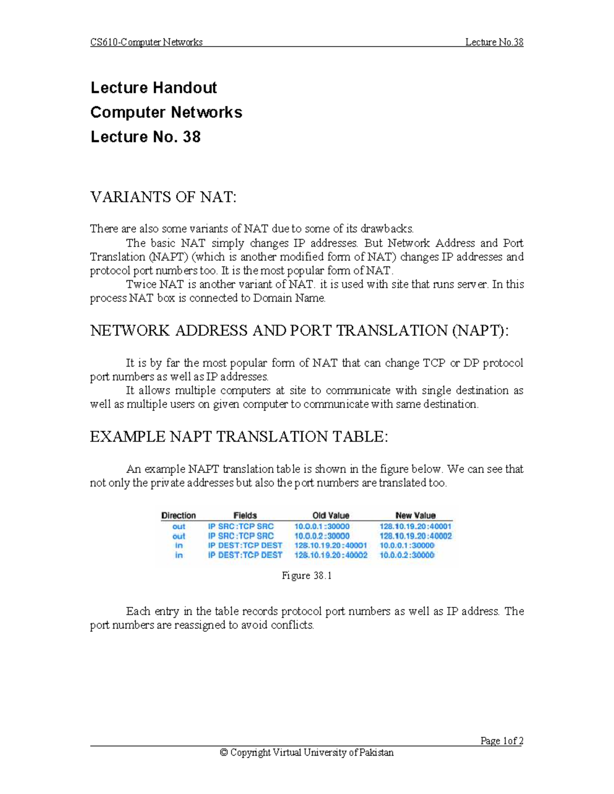 Networks Lecture No. 38: Variants of NAT and NAPT Explained - Studocu