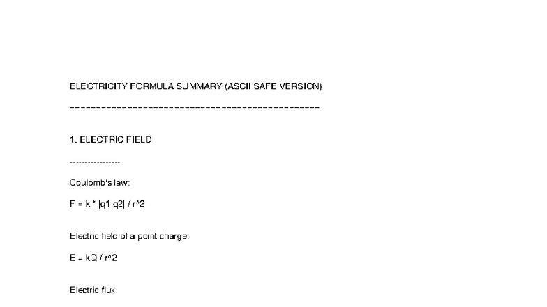 Electricity Summary Fixed - ELECTRICITY FORMULA SUMMARY (ASCII SAFE ...
