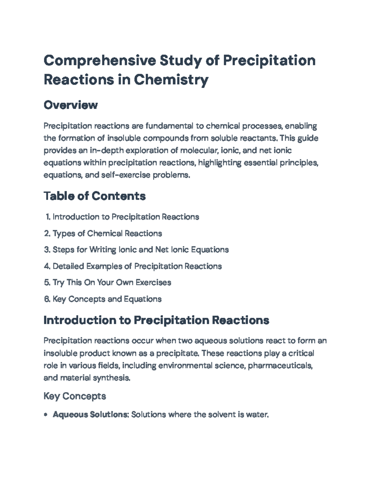 Comprehensive Study of Precipitation Reactions in Chemistry ...