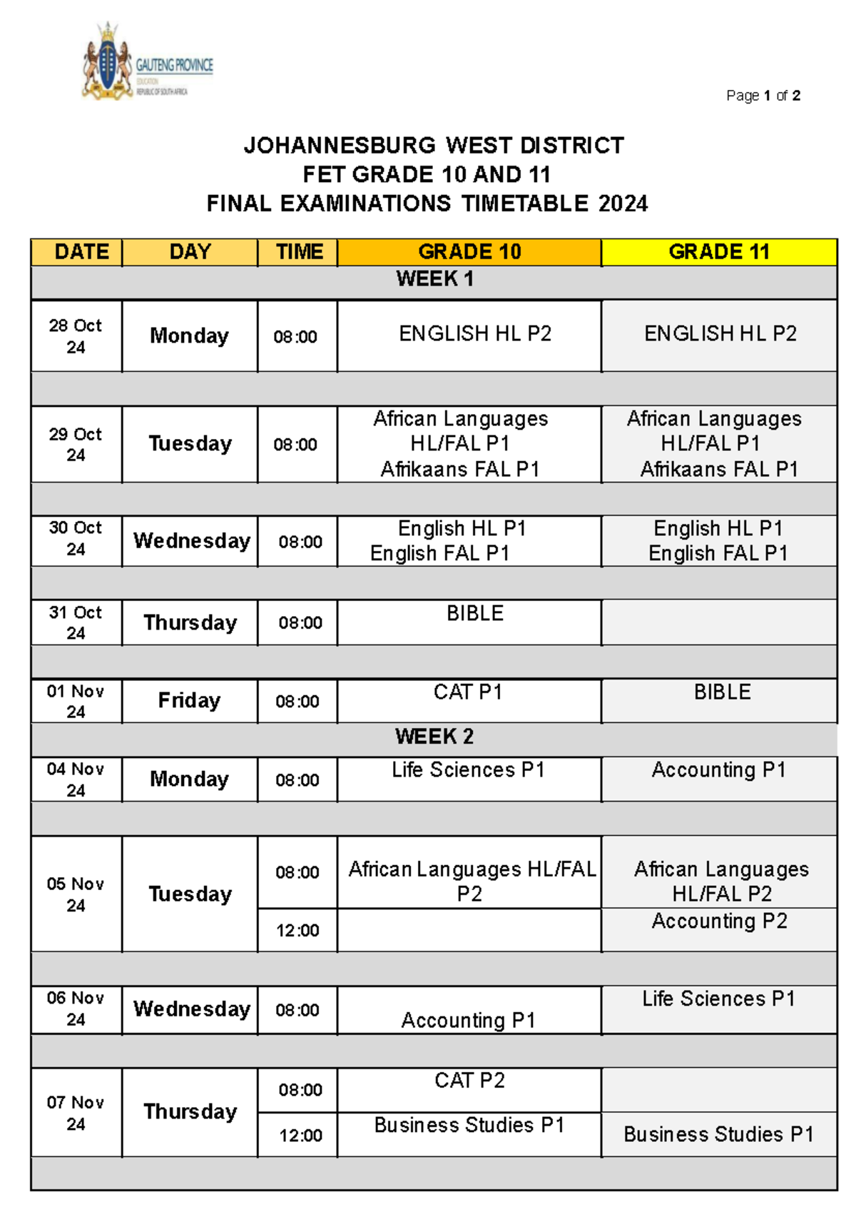FET G10 & G11 Final Exam Timetable 2024 - Johannesburg West District - Studocu