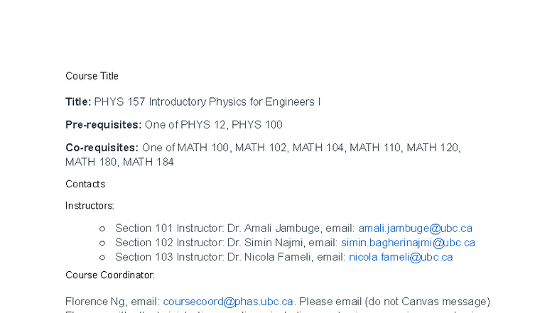 PHYS 157 Syllabus: Introductory Physics for Engineers I - Studocu