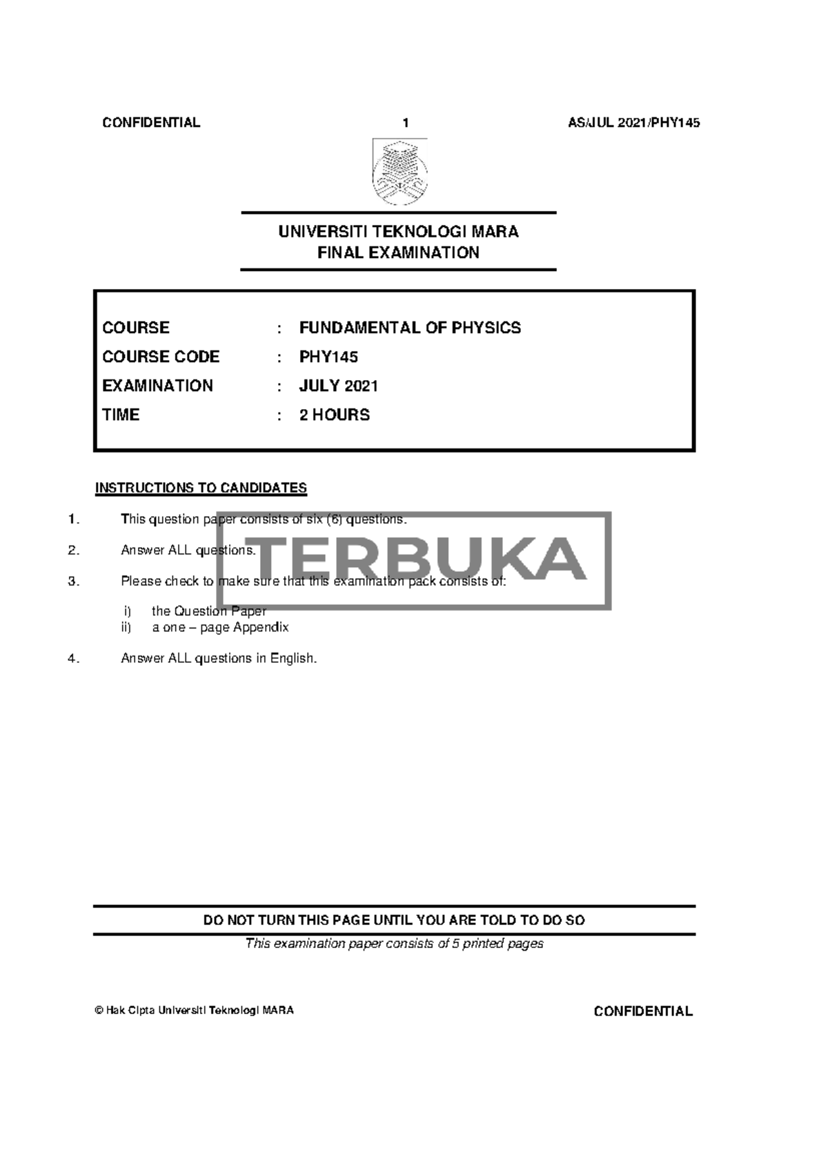 PHY145 3 - EXAM PAST YEAR - UNIVERSITI TEKNOLOGI MARA FINAL EXAMINATION ...