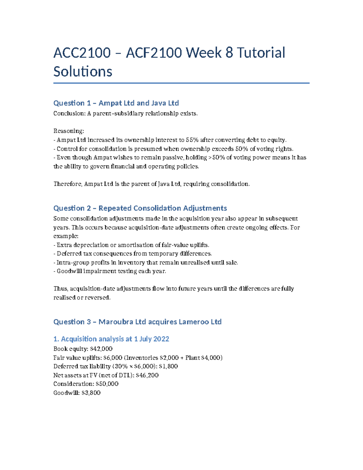 ACC2100 ACF2100 Week 8 Tutorial Solutions: Consolidation Analysis - Studocu