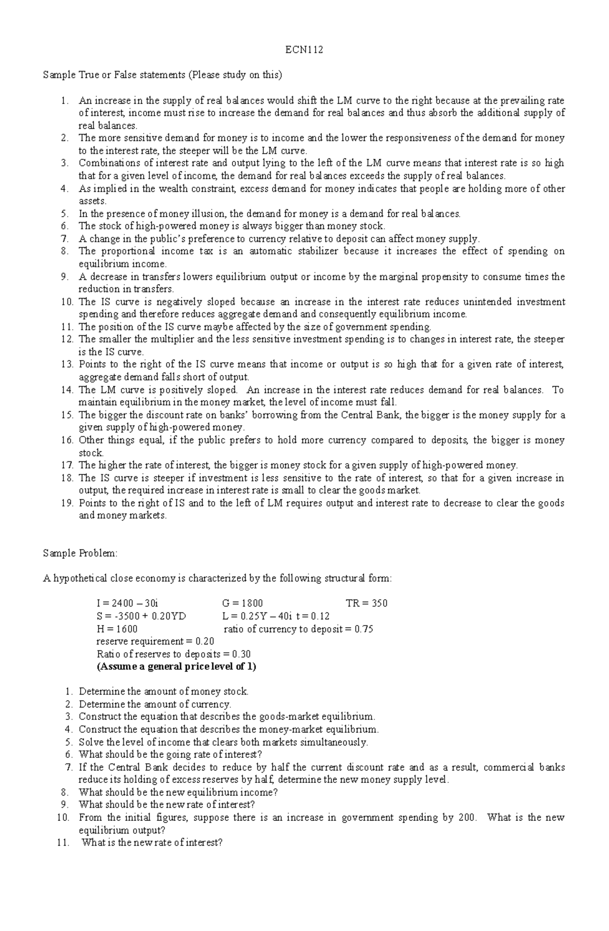ECN112 Practice Questions: True/False & Equilibrium Analysis - Studocu