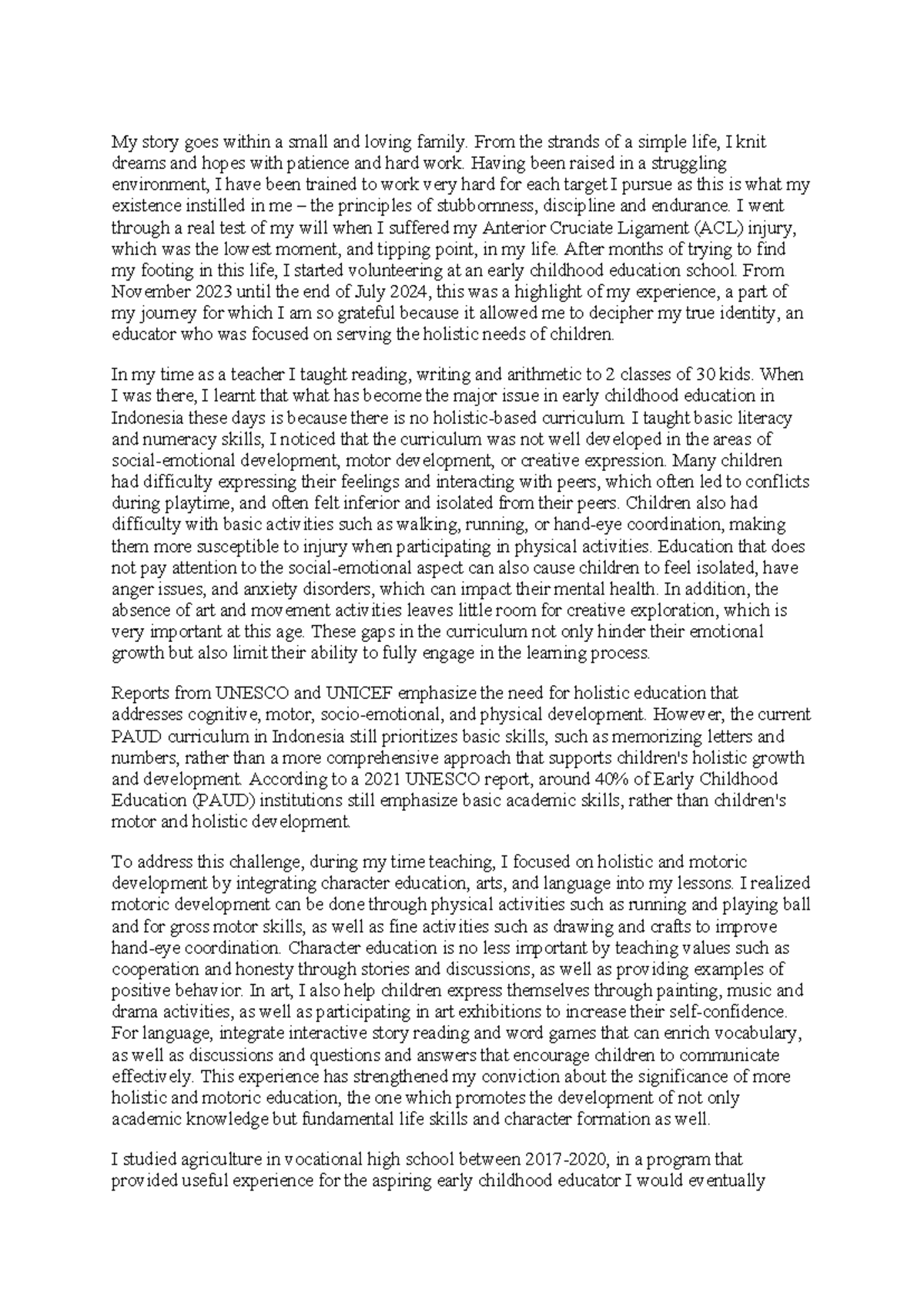 Personal Statement for Early Childhood Education - CUHK - Studocu