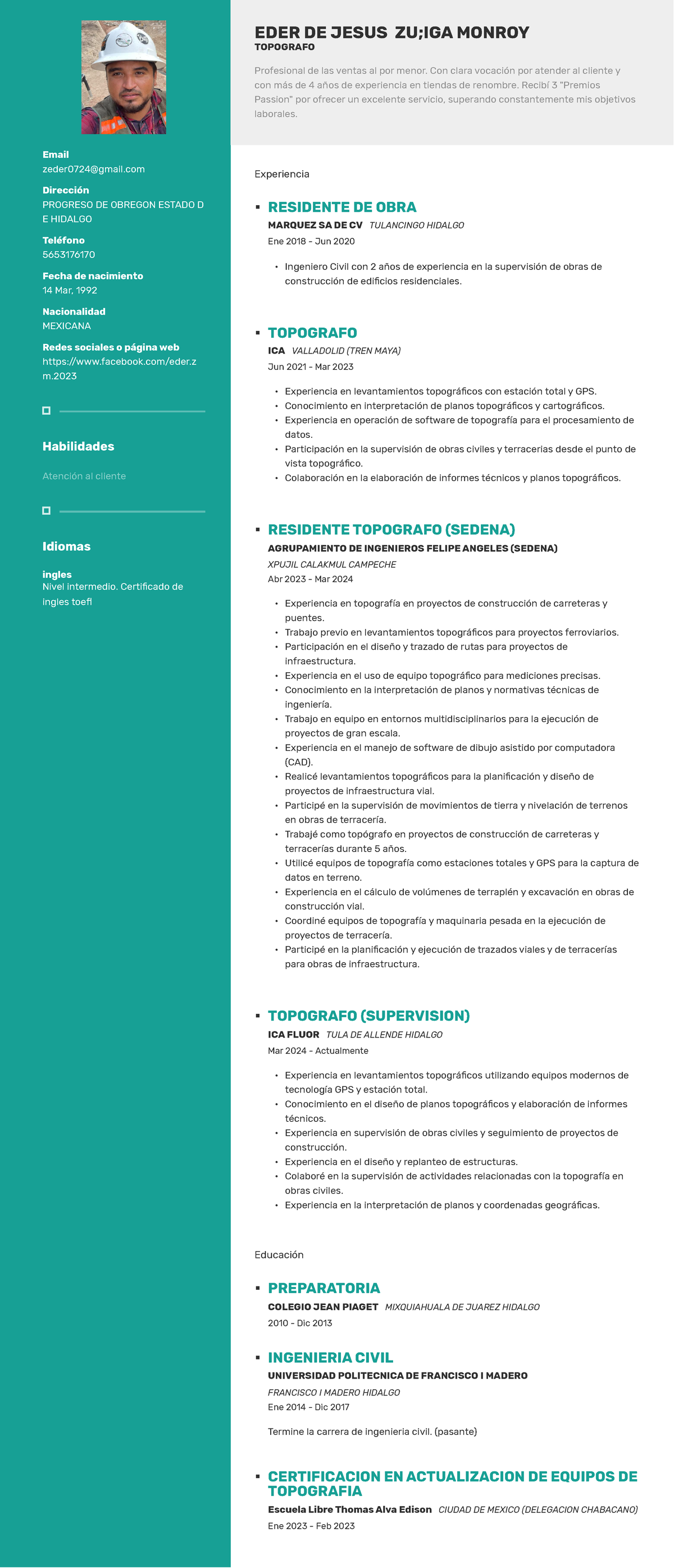 Cv Eder sept 2004 - Topografía - EDER DE JESUS ZU;IGA MONROY TOPOGRAFO Experiencia RESIDENTE DE ...
